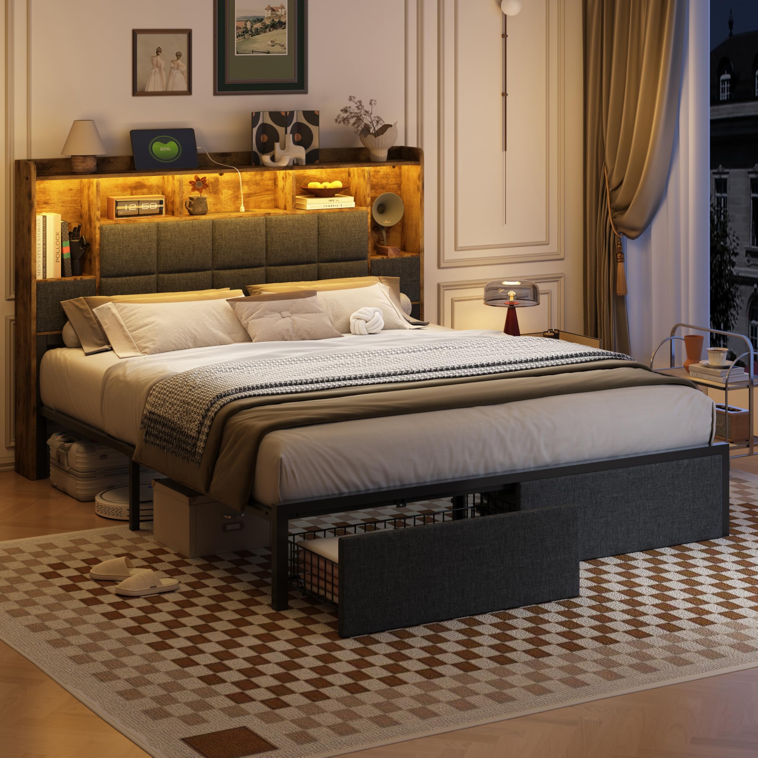 Amazon.com: TIGUBFRE LED Bed Frame Queen Size with 2 Hidden Storage ...