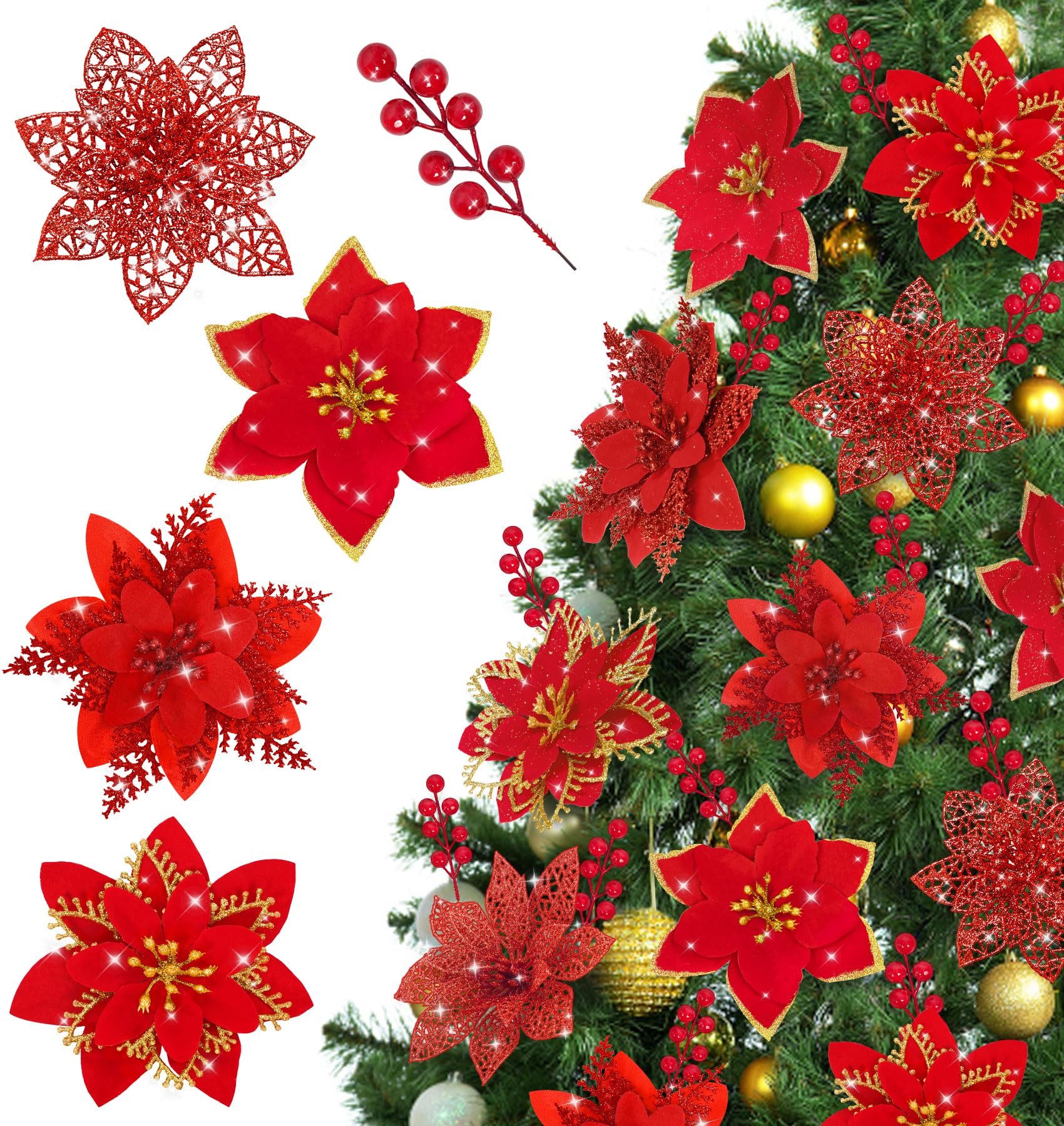 Amazon.com: 40 Pcs 4 Styles Poinsettias Artificial Christmas Flowers ...