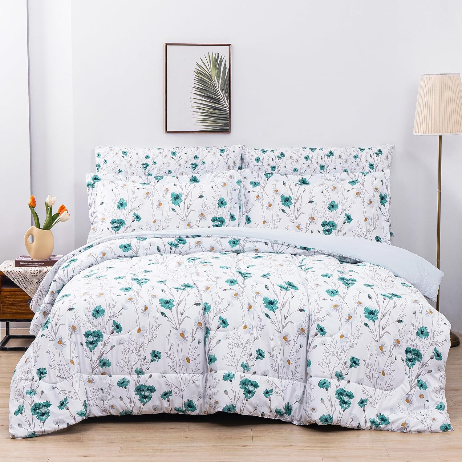 Amazon.com: lasoftan Floral Printed Queen Comforter Set with Sheets ...