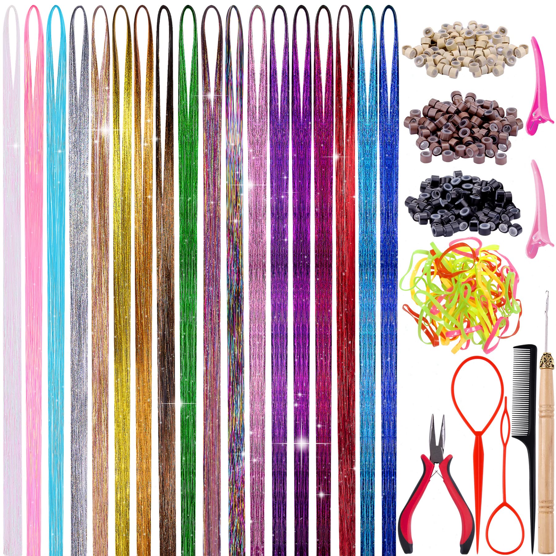 FEQO Hair Tinsel Kit with 3600 Strands Hair Tinsel 48 Inches 18 Colours ...