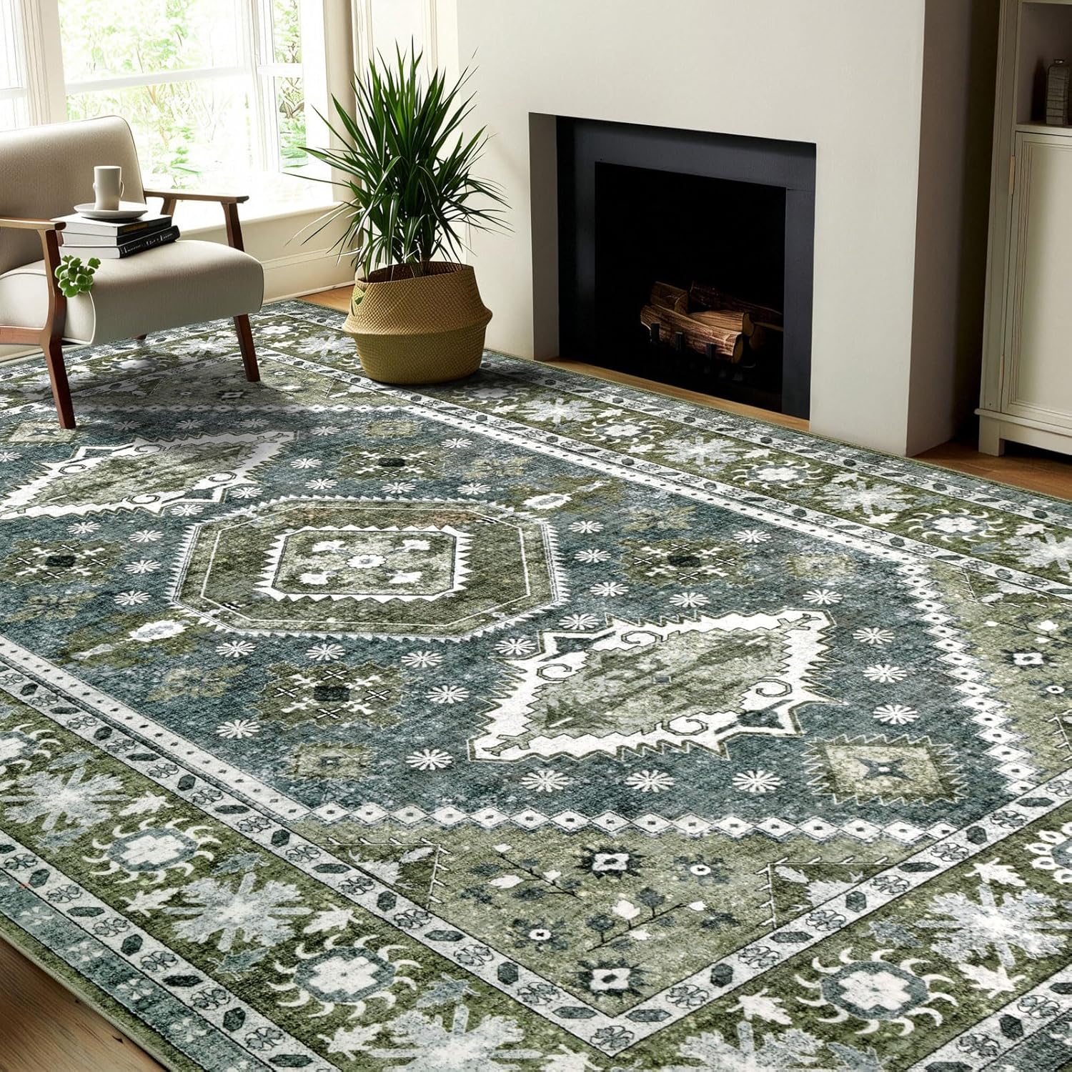 Amazon.com: Rofee Living 5x7 Washable Boho Area Rug,Dark Green Blue ...