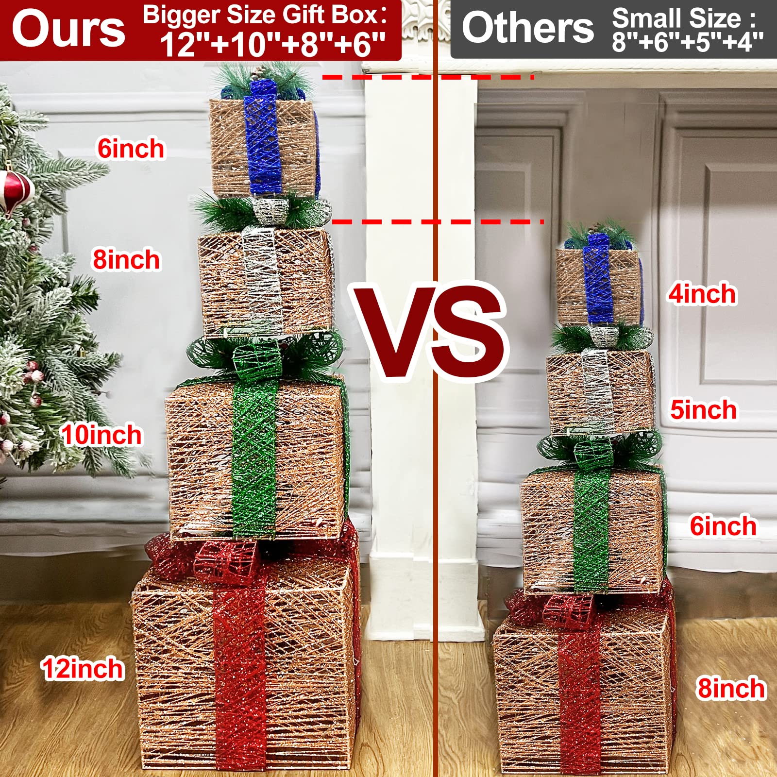[ Super Large 12"-10"-8"-7" ] 4 Pack Lighted Gift Boxes Christmas ...