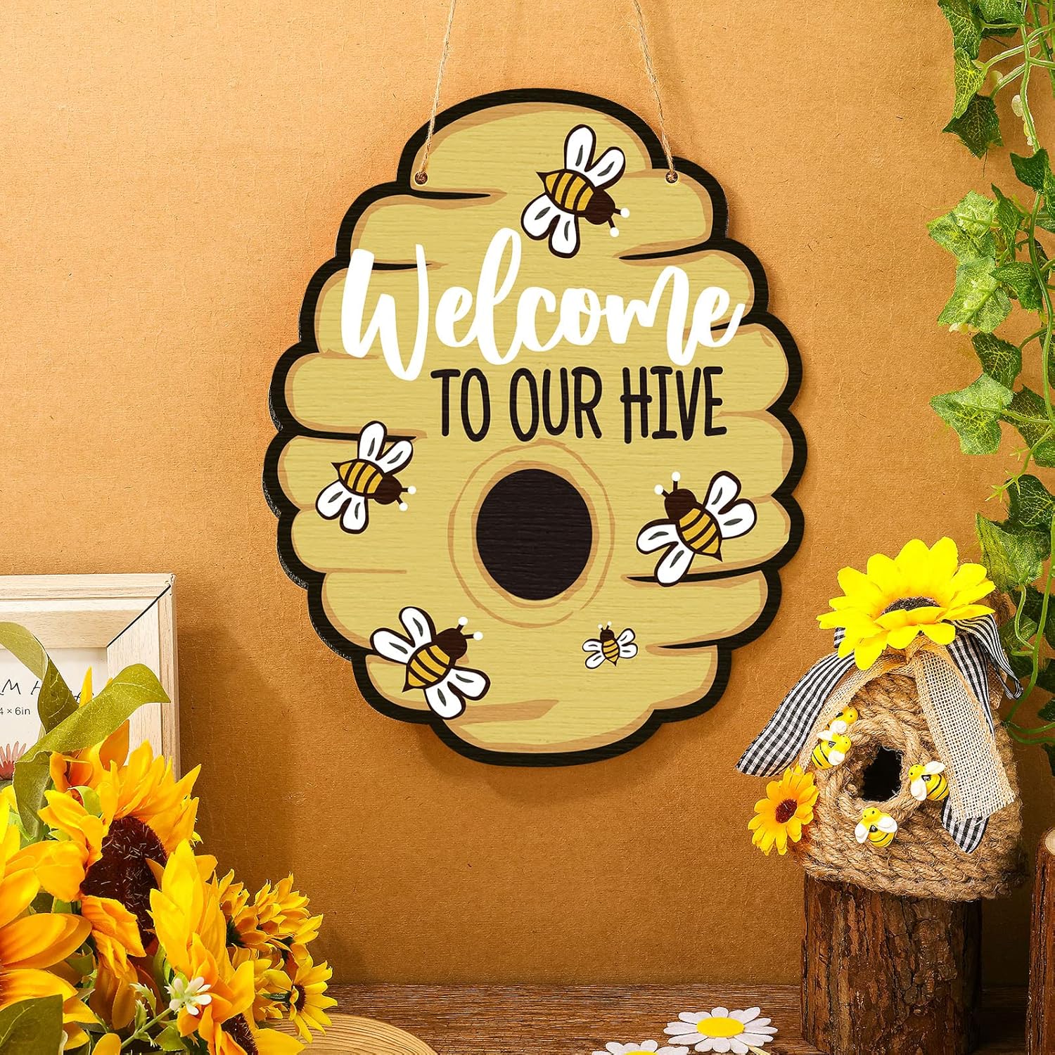 Buy Pinkunn Welcome to Our Hive Bee Wall Plaque Honey Bee Hanging Welcome Signs Wooden Honeycomb ...