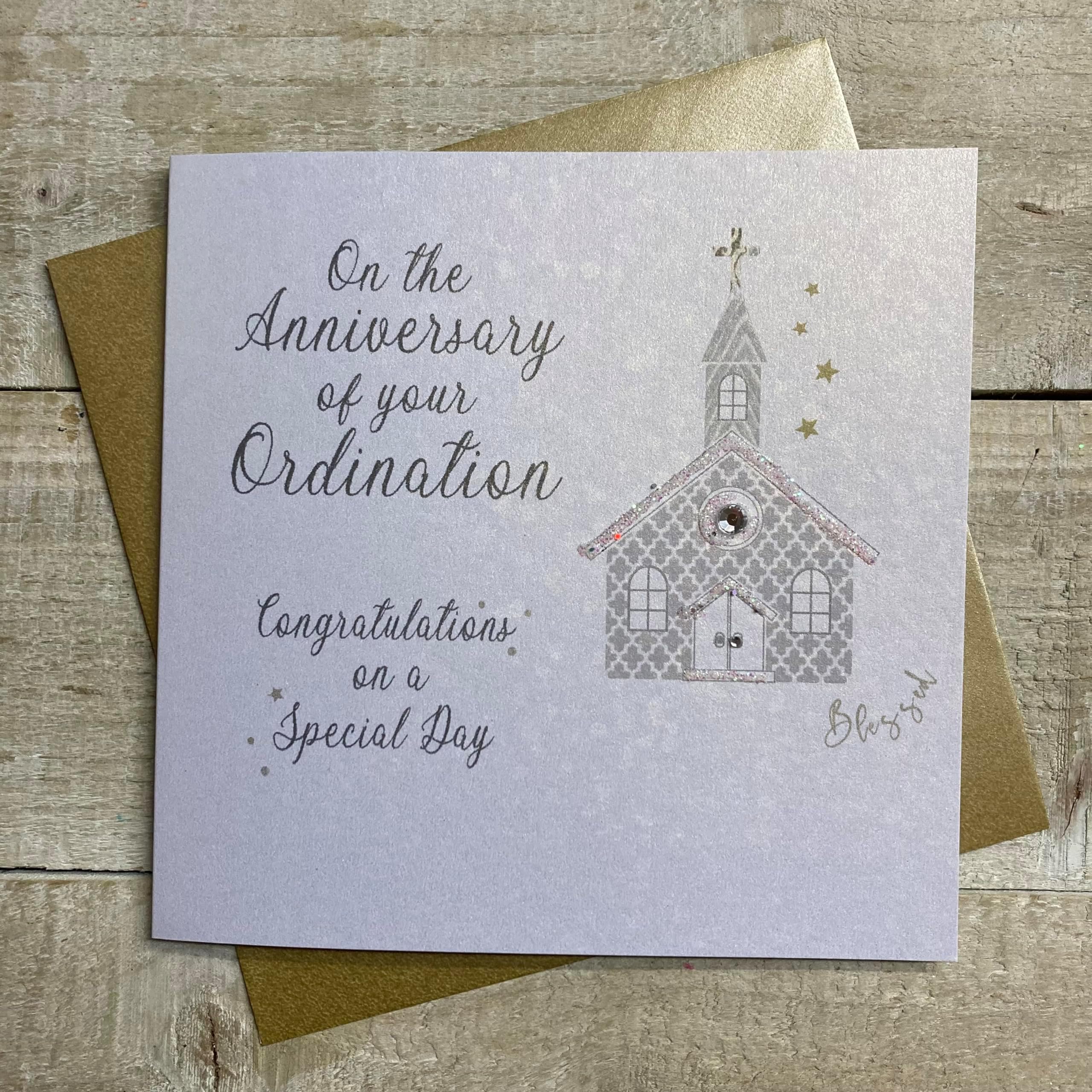 WHITE COTTON CARDS SILVER CHURCH, ANNIVERSARY OF YOUR ORDINATION CARD ...