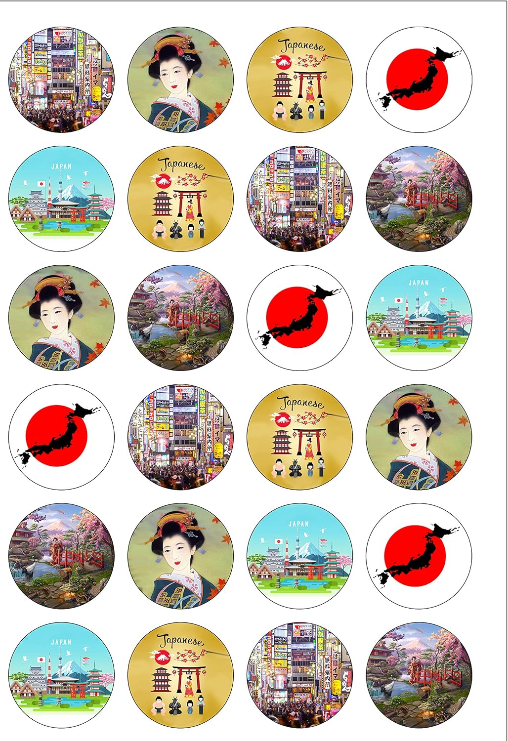 24 PRE Cut Japan Japanese Themed Edible Wafer Paper Round Cake Toppers ...