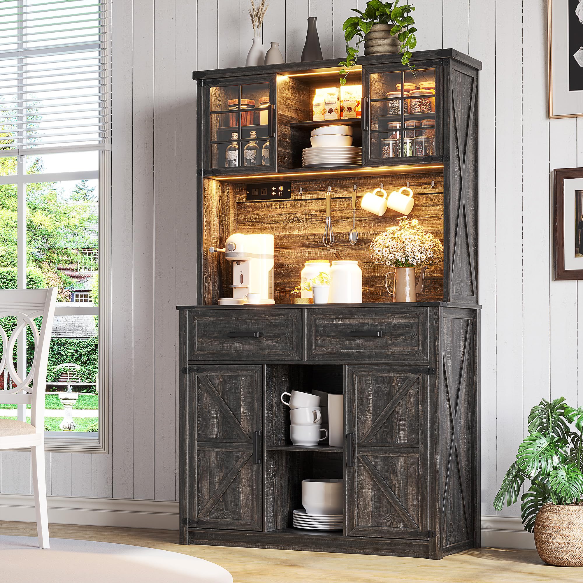 Amazon.com: FREDEES Farmhosue Bar Cabinet with LED Lights & Power ...