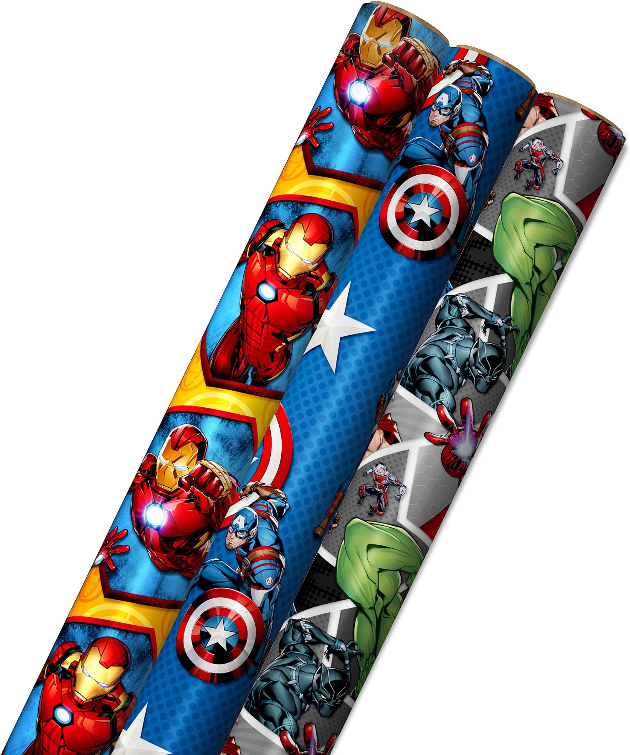 Amazon.com: Hallmark Avengers Wrapping Paper with Cut Lines on the ...