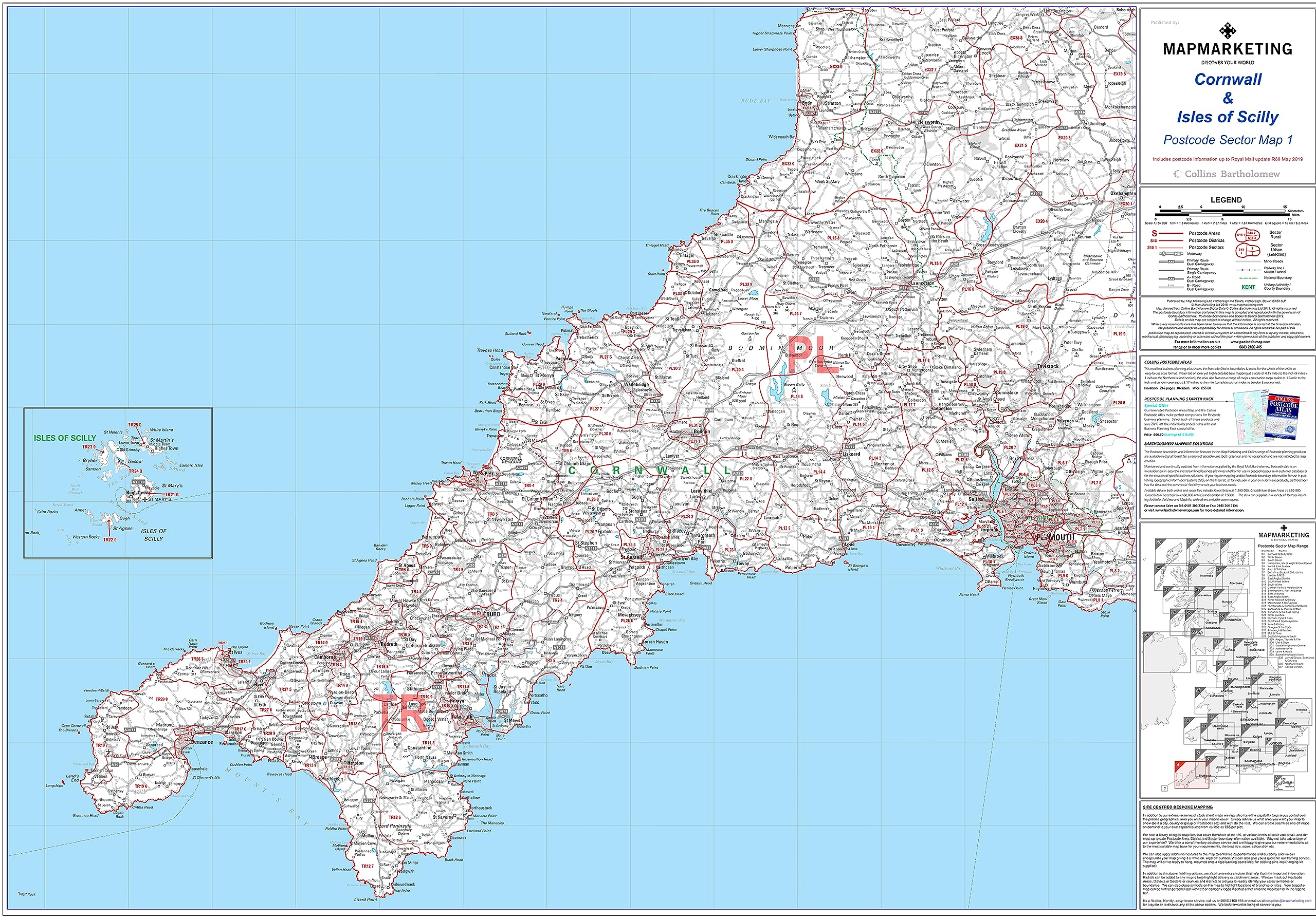 Cornwall And Scilly Isles Wall Map - With Postcode Wall Map With ...
