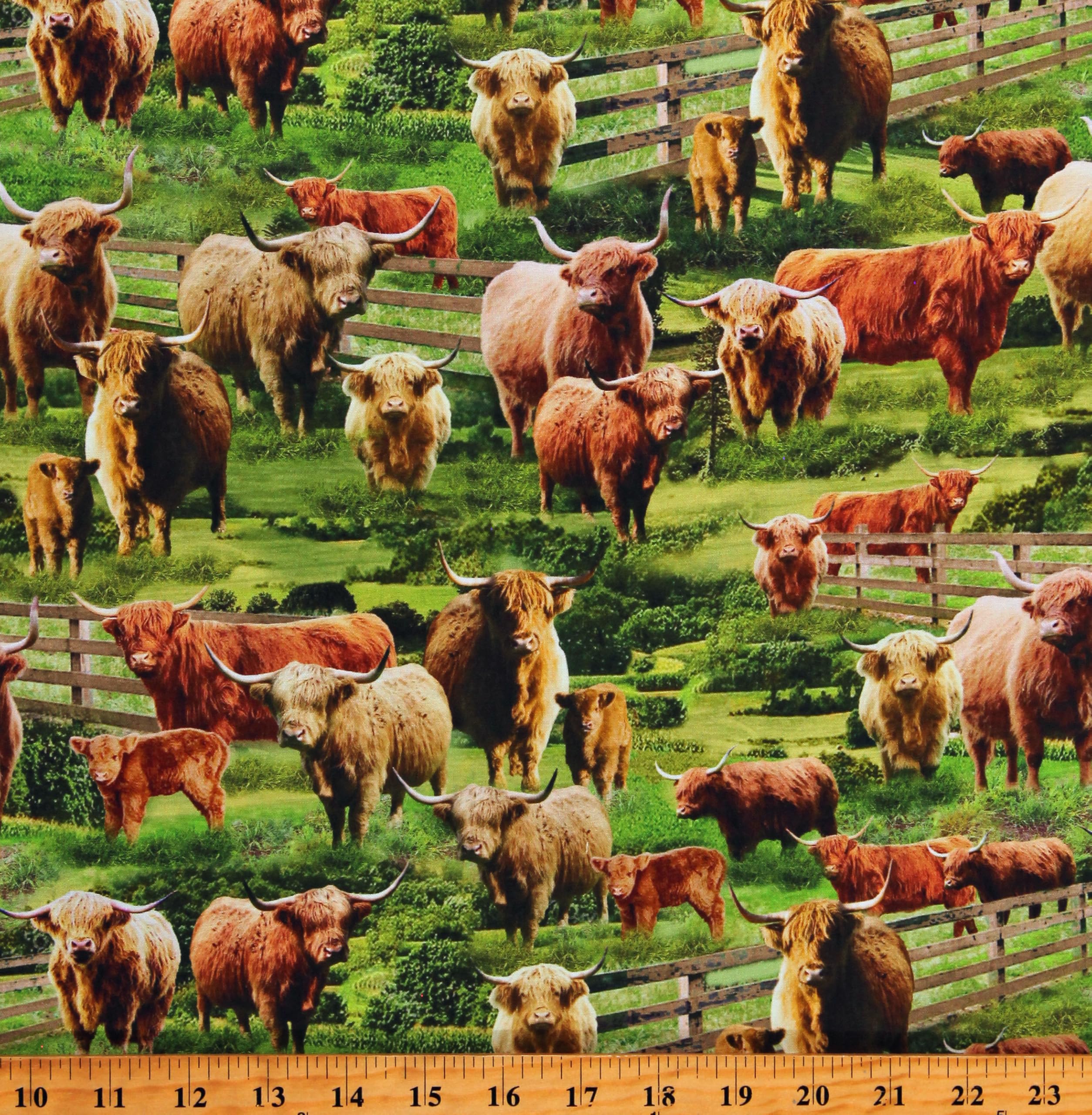 Amazon.com: Cotton Highlands Cows Farm Animals Cattle Green Cotton ...