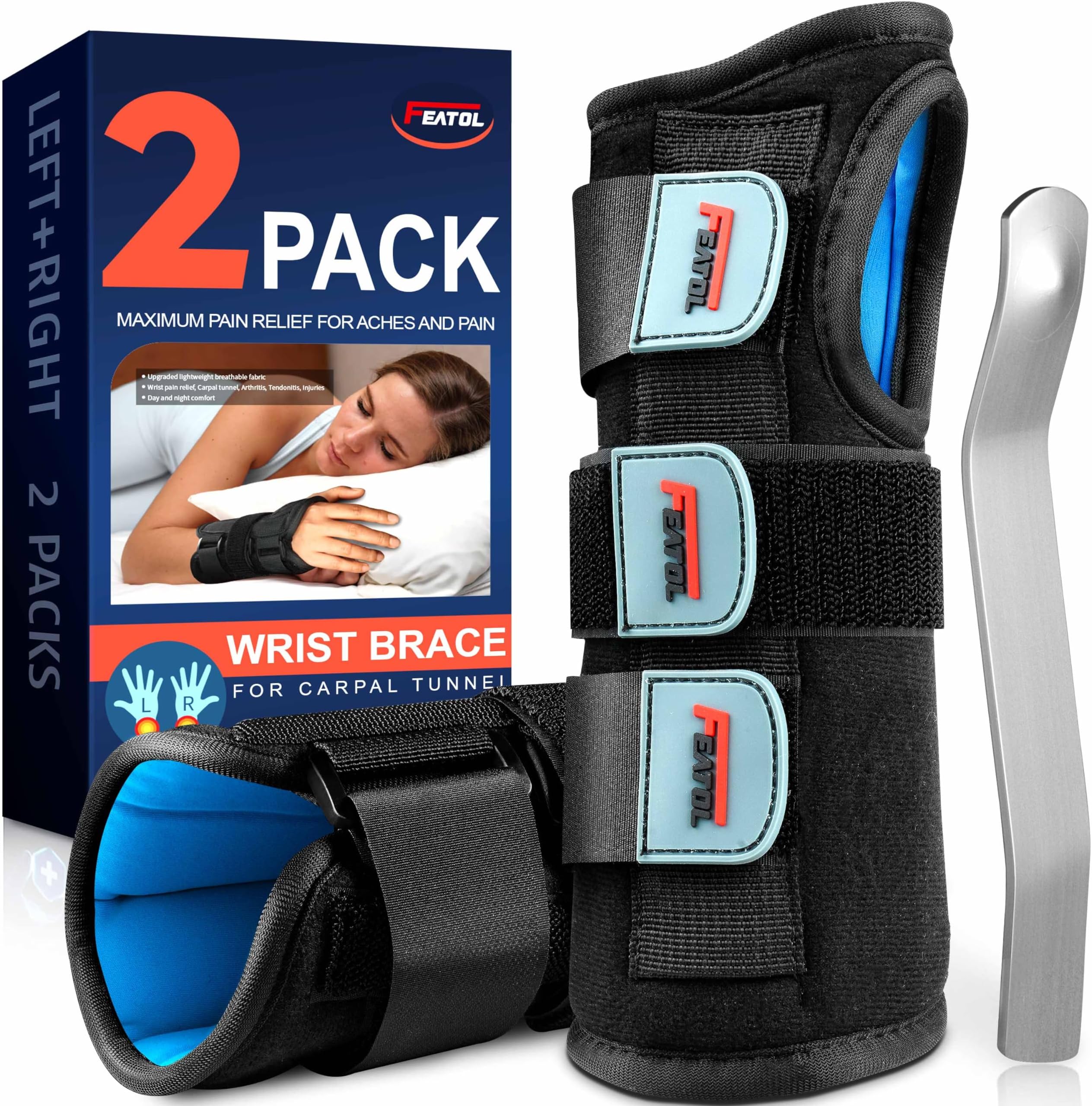 Amazon.com: FEATOL 2 Pack Blue Black Wrist Brace for Carpal Tunnel ...
