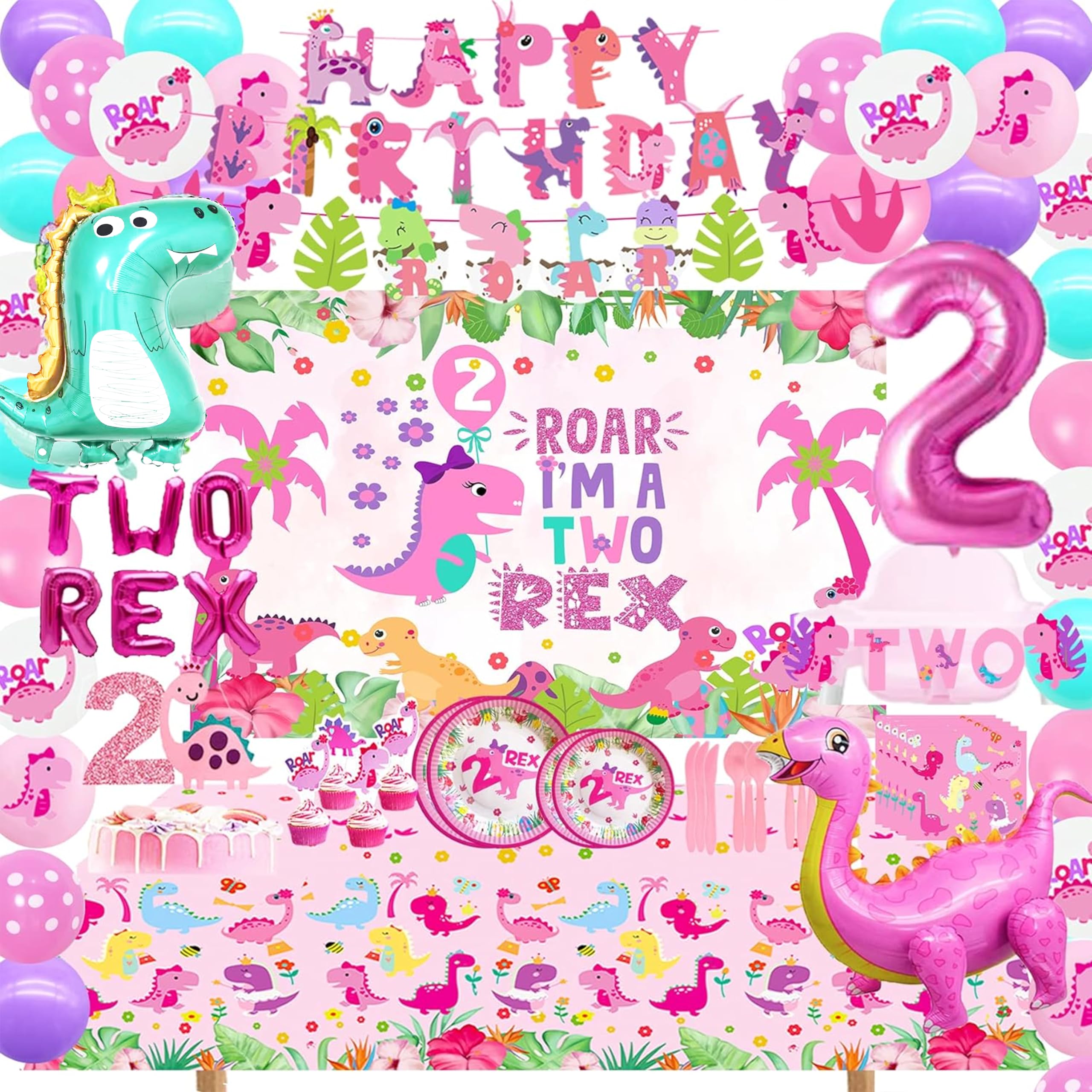 Amazon.com: Two Rex Birthday Party Decorations Girl, Pink Dinosaur 2nd ...