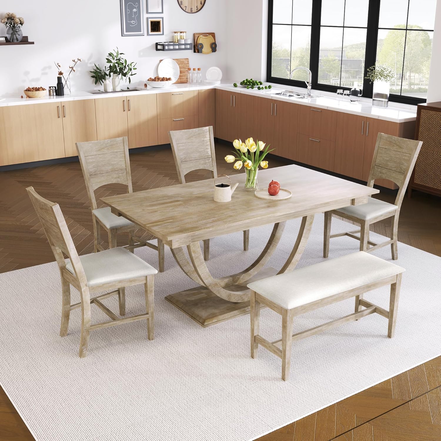 Amazon.com - Bellemave 6 Piece Dining Table Set for 6 with Bench Wood ...