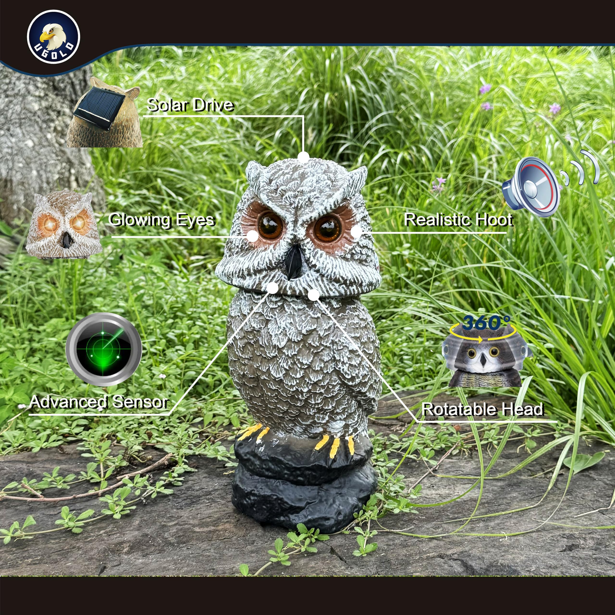 Hawk Deterrent Solar Owl Scarecrow With Flashing Eyes & Sound - Motion ...
