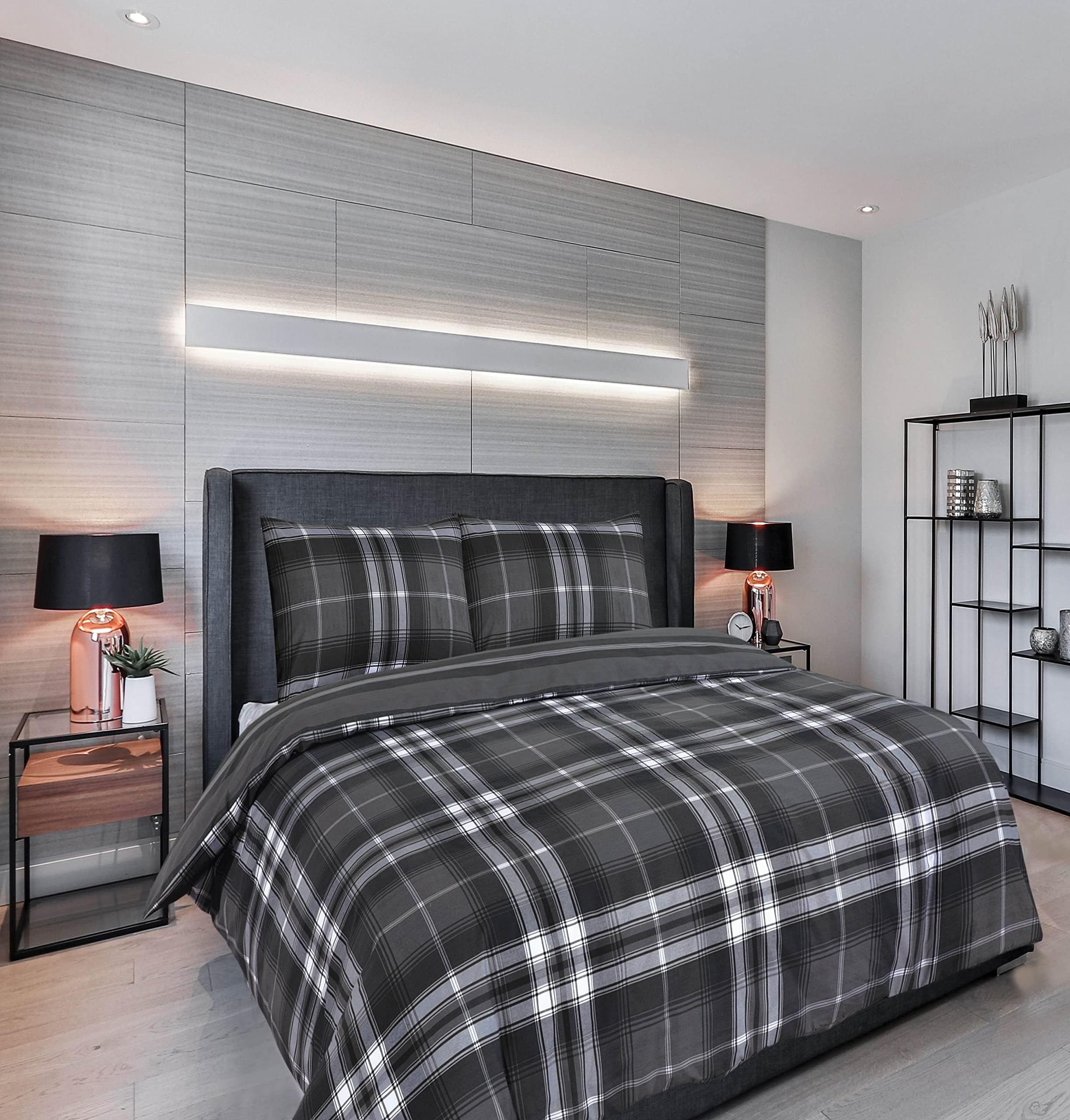 Catherine Lansfield Kelso Check Reversible Single Duvet Cover Set with ...