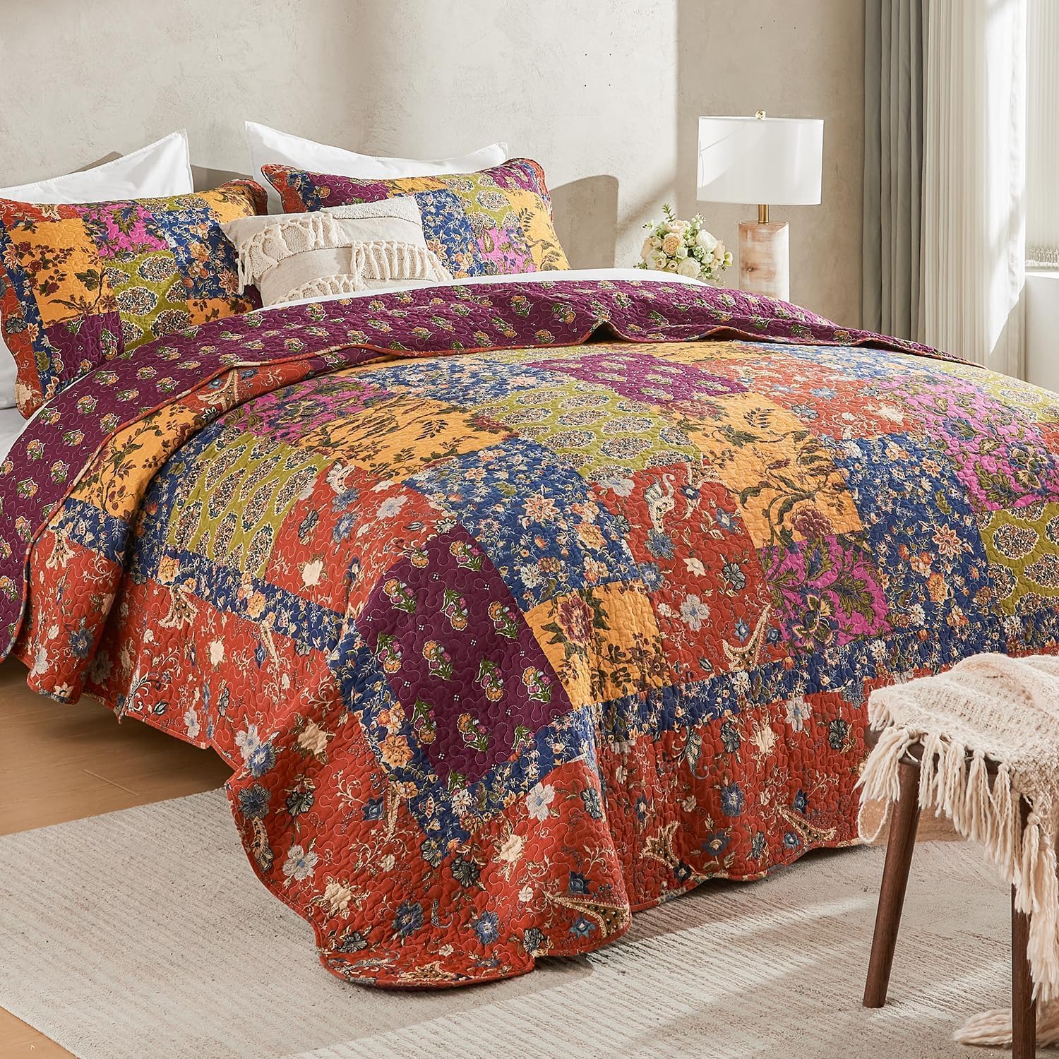 Amazon.com: DECMAY 100% Cotton Patchwork Quilts Queen Size Set ...