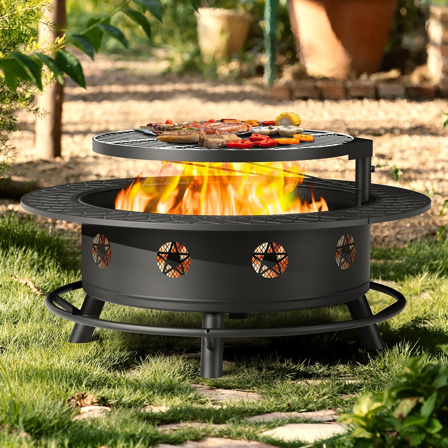 Amazon.com : 43 Inch Fire Pit with BBQ Grill, Wood Burning Fire Pits ...