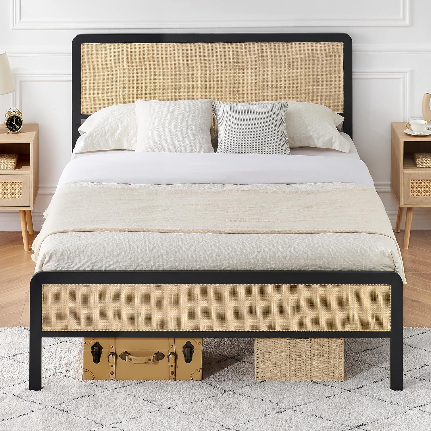 Amazon.com: coucheta Full Size Bed Frame with Natural Rattan Headboard ...