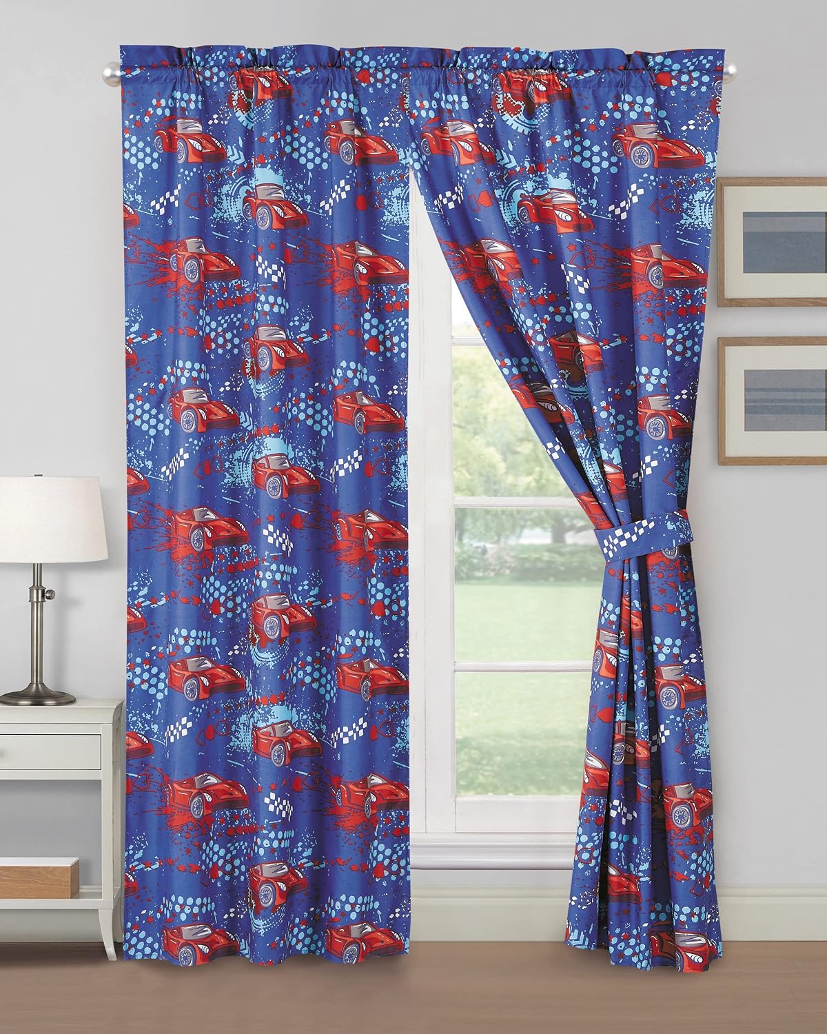 Amazon.com: WPM WORLD PRODUCTS MART Red Blue Race Cars Print Curtain ...