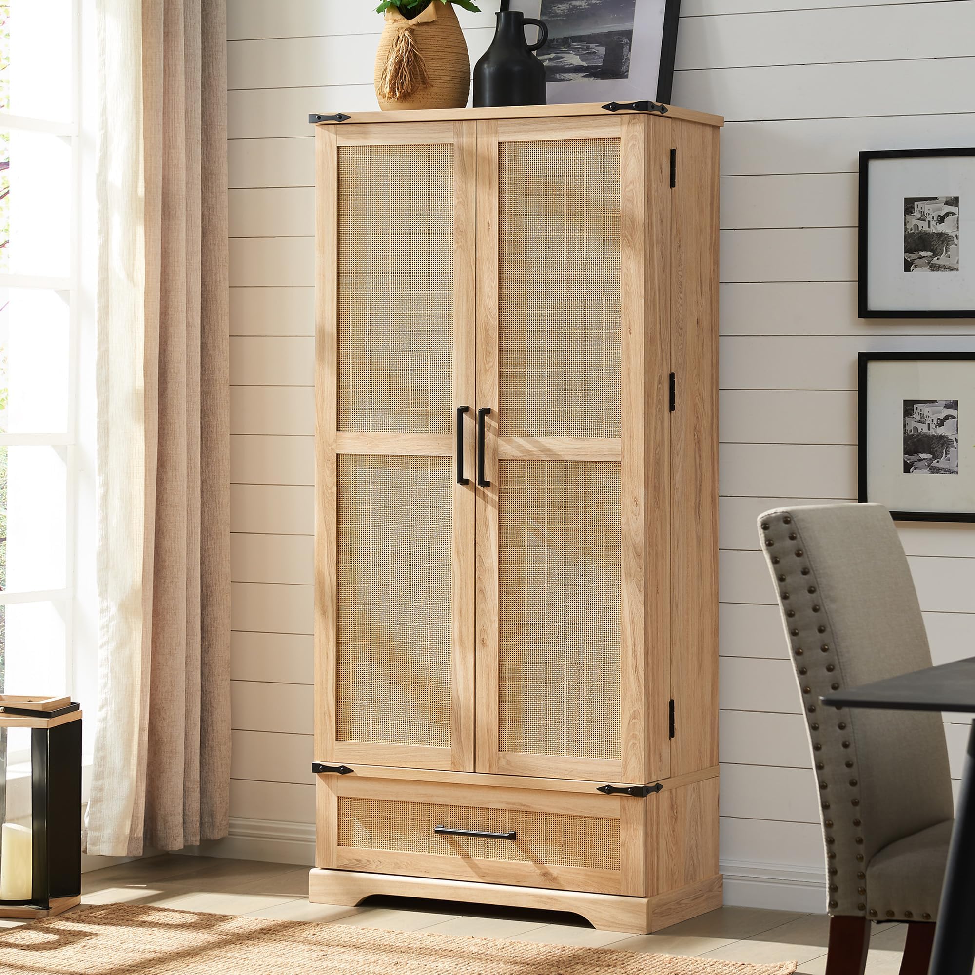 Amazon.com: Iwell Tall Storage Cabinet, Rattan Cabinet with 2 Drawers ...