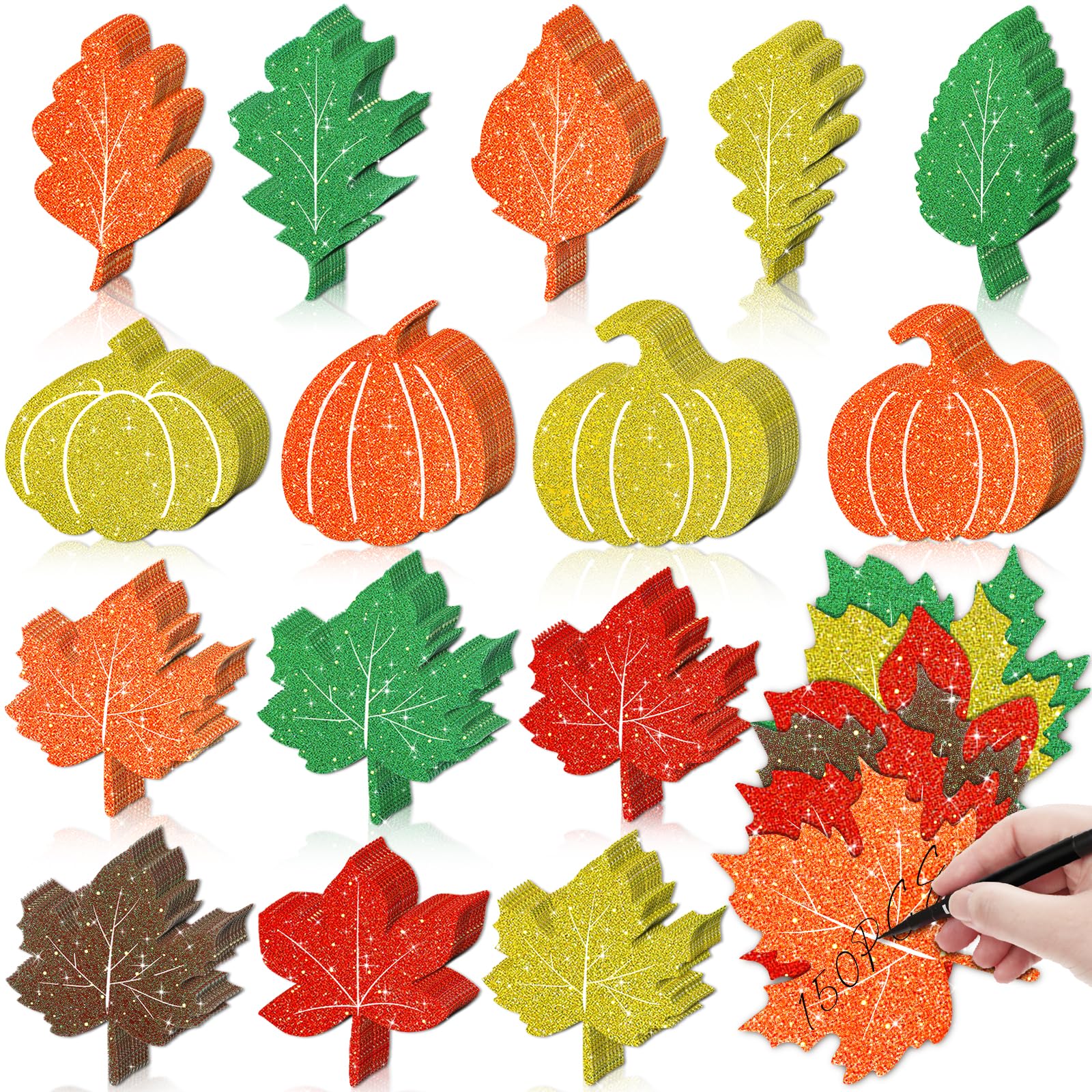 Cholemy 150 Pcs Large Fall Leaves Pumpkin Cutouts Glitter Paper Fall ...