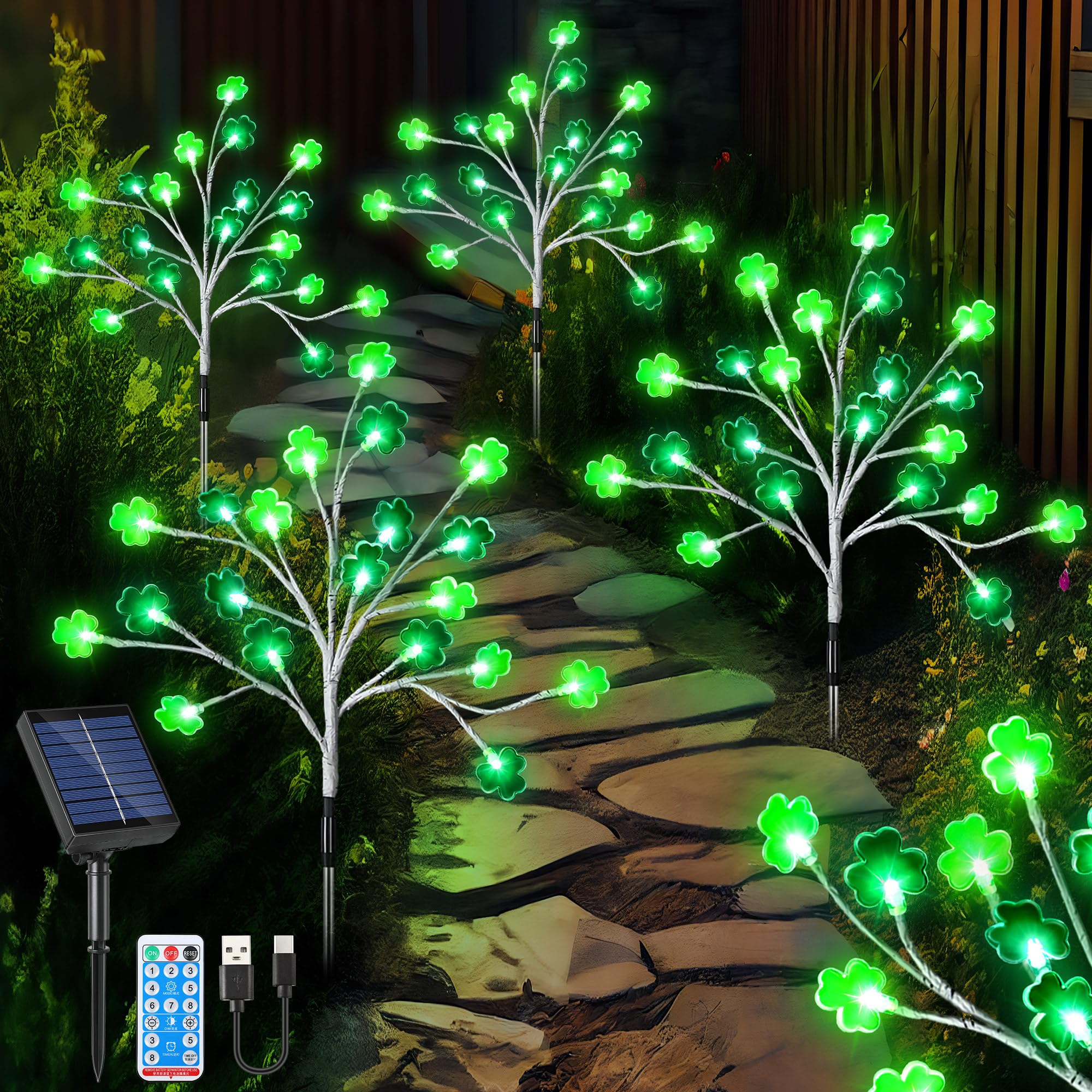 Enhon 4 Packs Solar St Patricks Day Decorations Shamrock Stake Lights ...