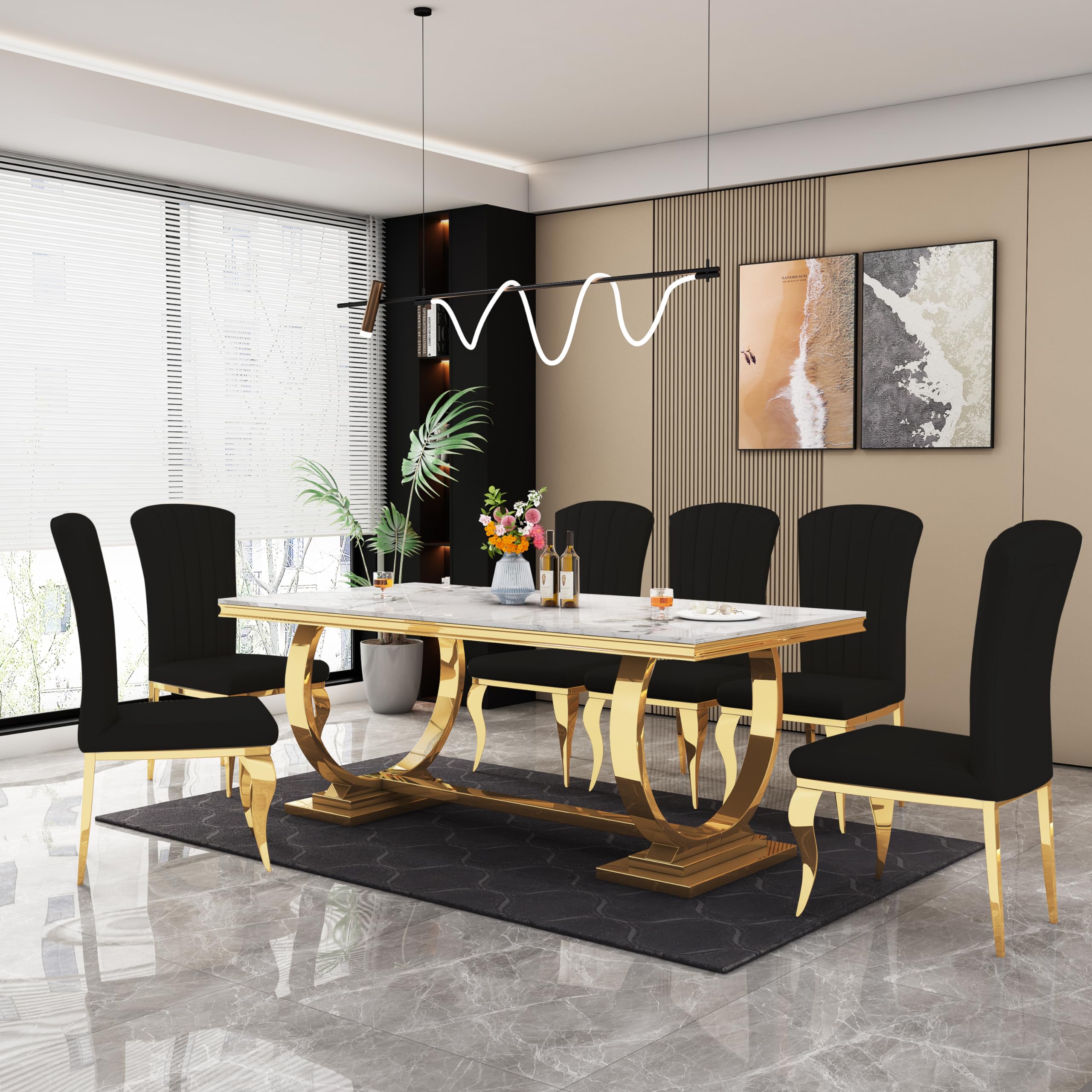 Amazon.com - Luxury Marble 7-Piece Dining Table Set for 6, Modern White ...