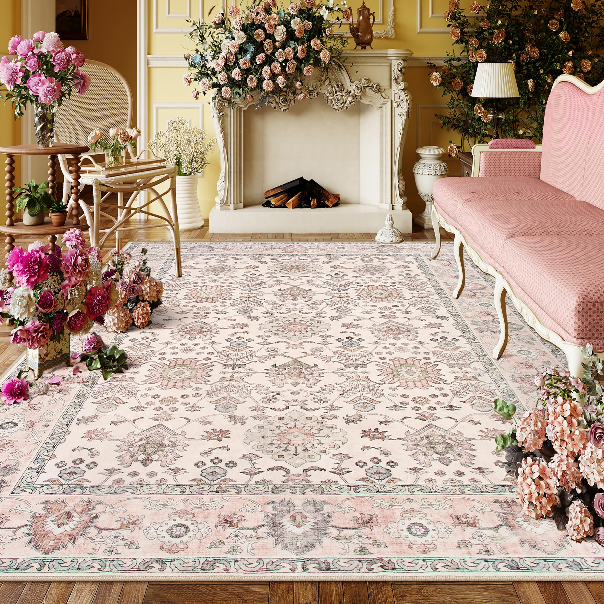 Amazon.com: Lahome Pink Floral 8x10 Rug Non Slip, Washable Large Rugs ...