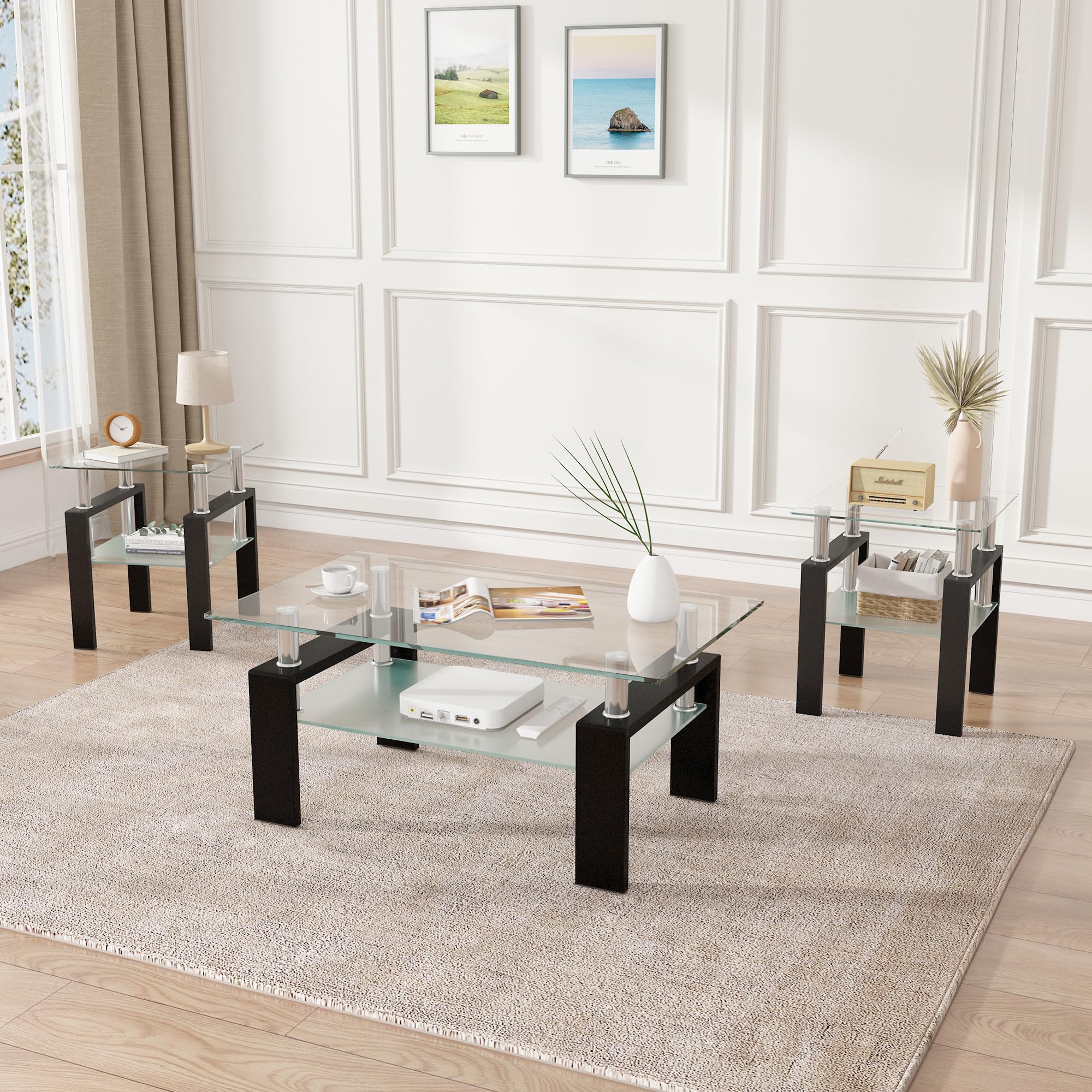 Amazon.com: 3 Piece Living Room Table Set, Glass Coffee Table and End ...