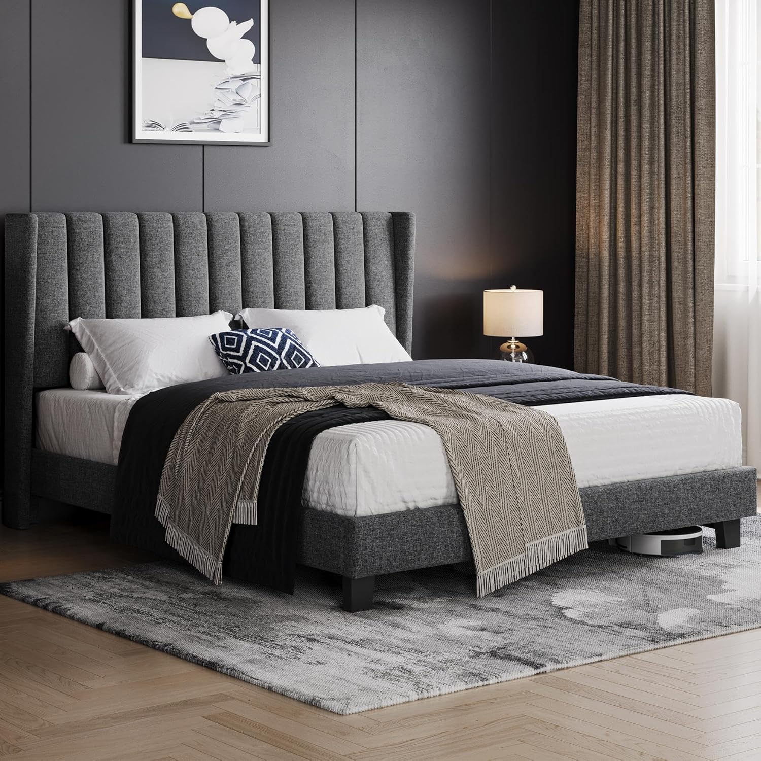Yaheetech Letto Imbottito 160 x 200 cm Matrimoniale Testiera a Strisce ...