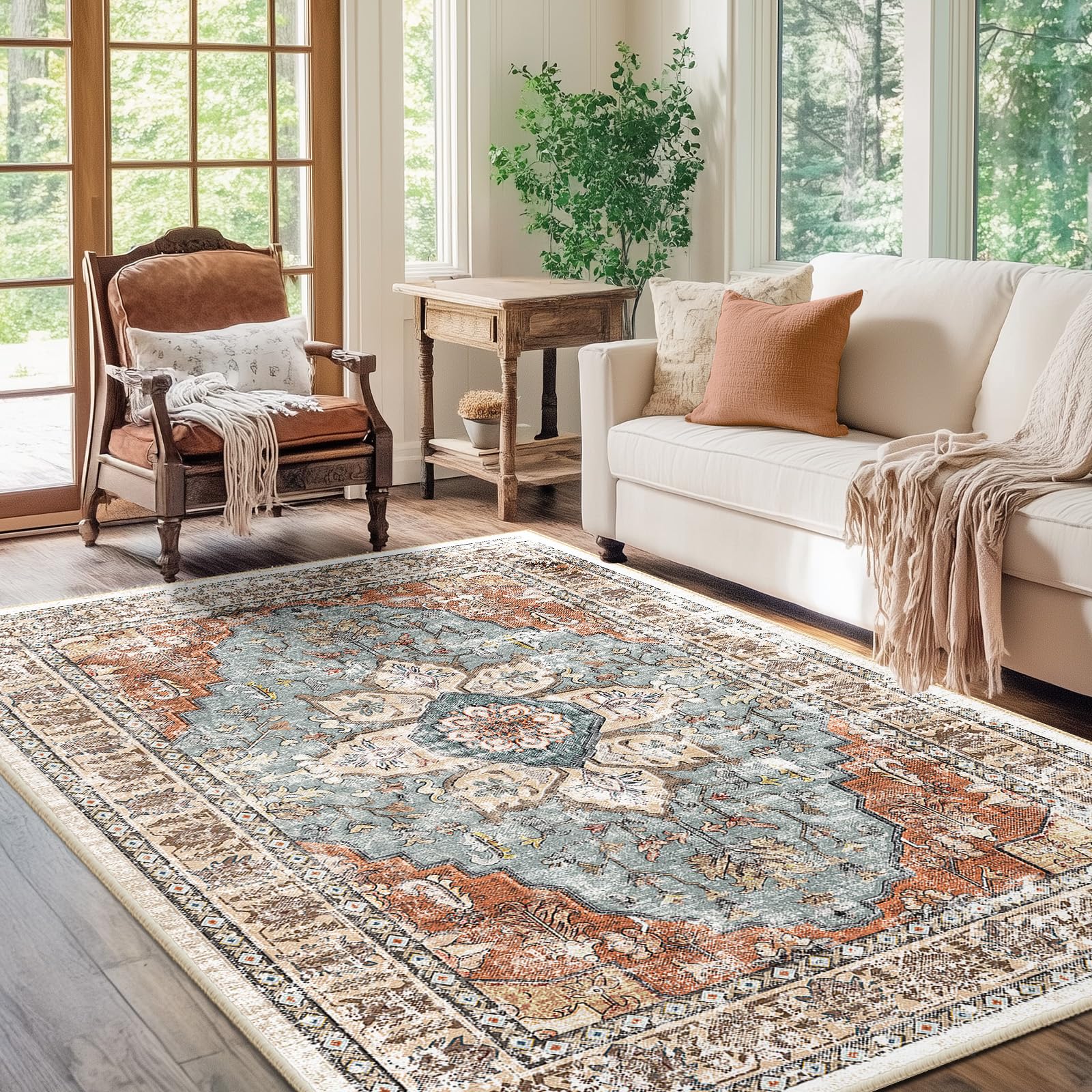 BESTSWEETIE Boho Area Rug 5x7 for Living Room Vintage Floral Washable ...