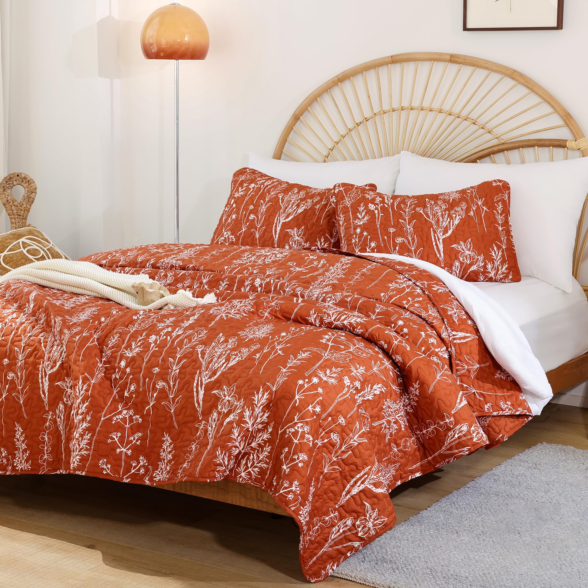 Amazon.com: JANZAA Quilts Queen Size Floral Bed Spread Terracotta ...