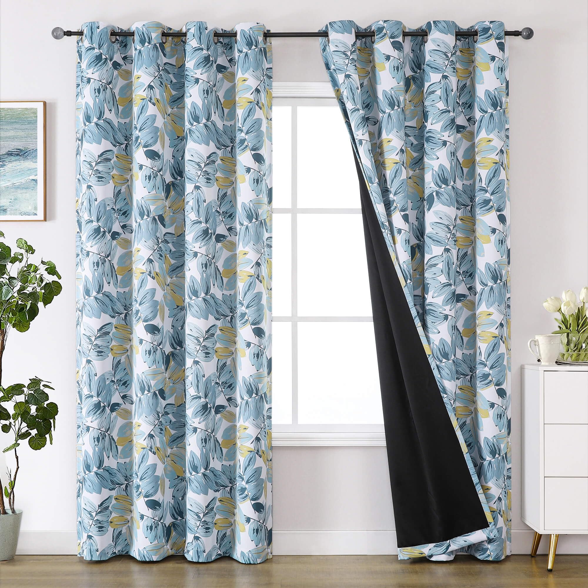 Amazon.com: BROSHAN Blue Floral 100% Blackout Curtains 84 inches Long ...