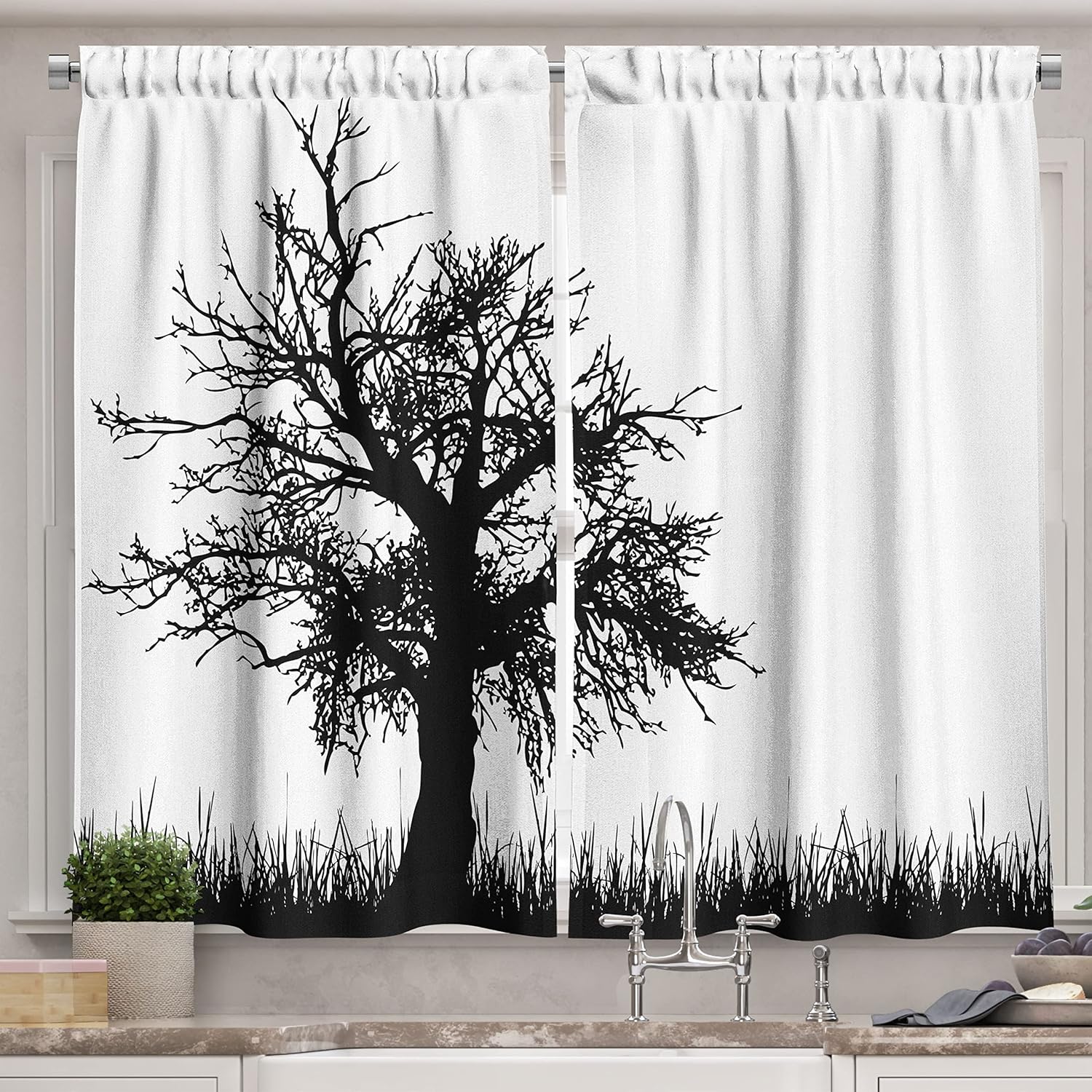 Amazon.com: Ambesonne Nature Kitchen Curtains, Old Tree Silhouette on ...