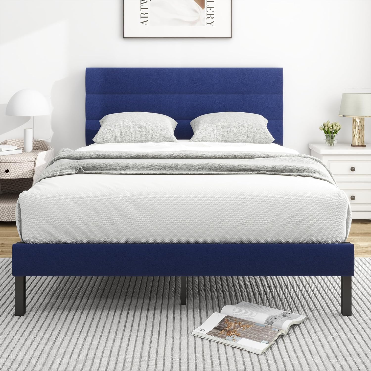Double Bed Frame, Metal Bed Frame Double with Upholstered Headboard ...