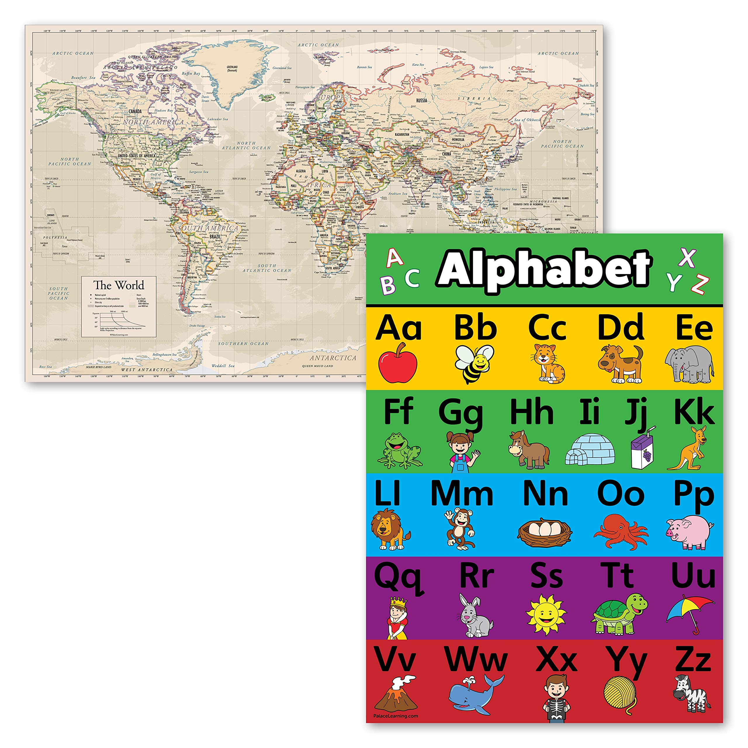 Buy 2 Pack - Antique Style World + ABC Alphabet Chart for Kids ...