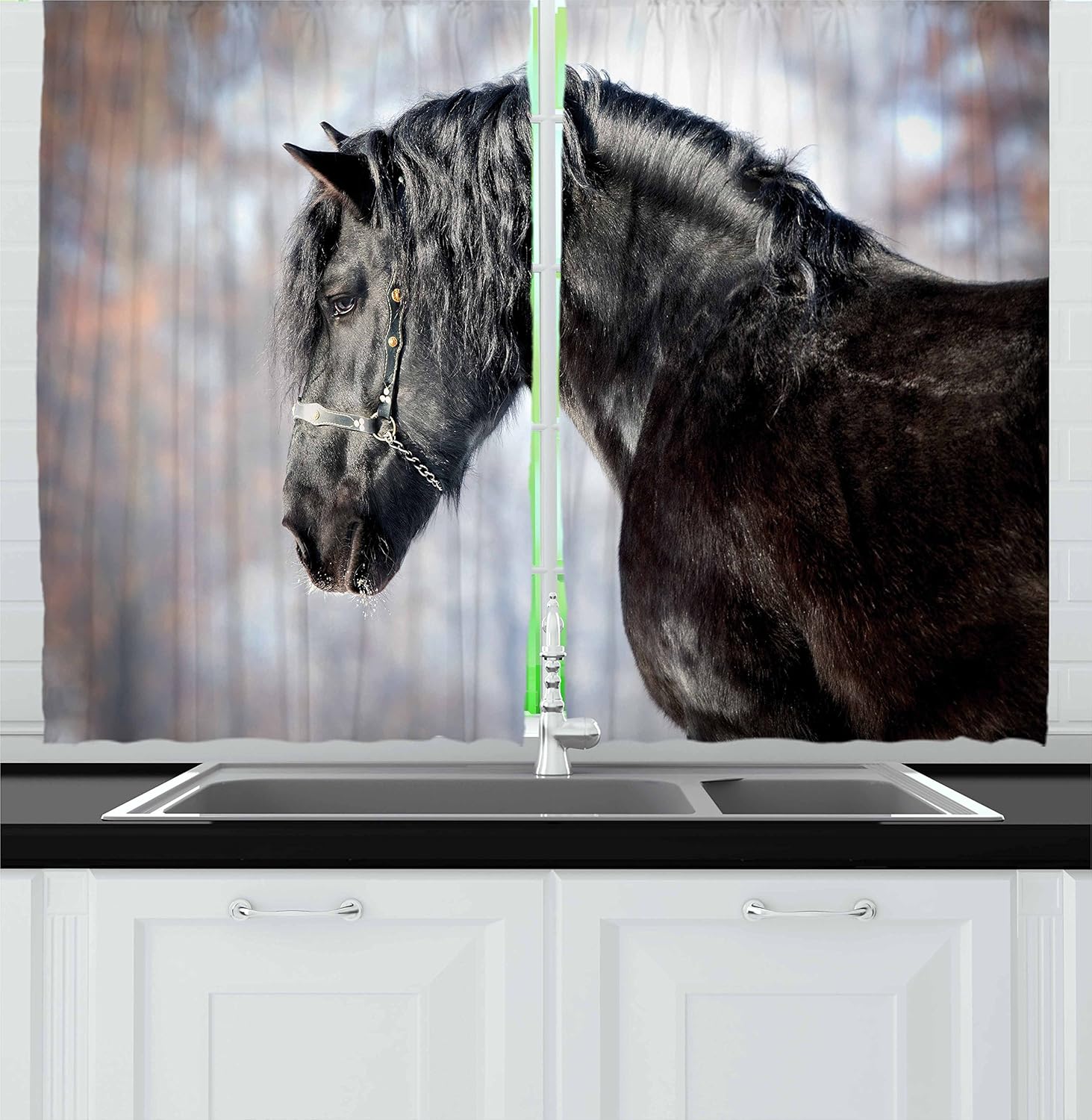 Amazon.com: Ambesonne Horse Kitchen Curtains, Black Stallion Portrait ...