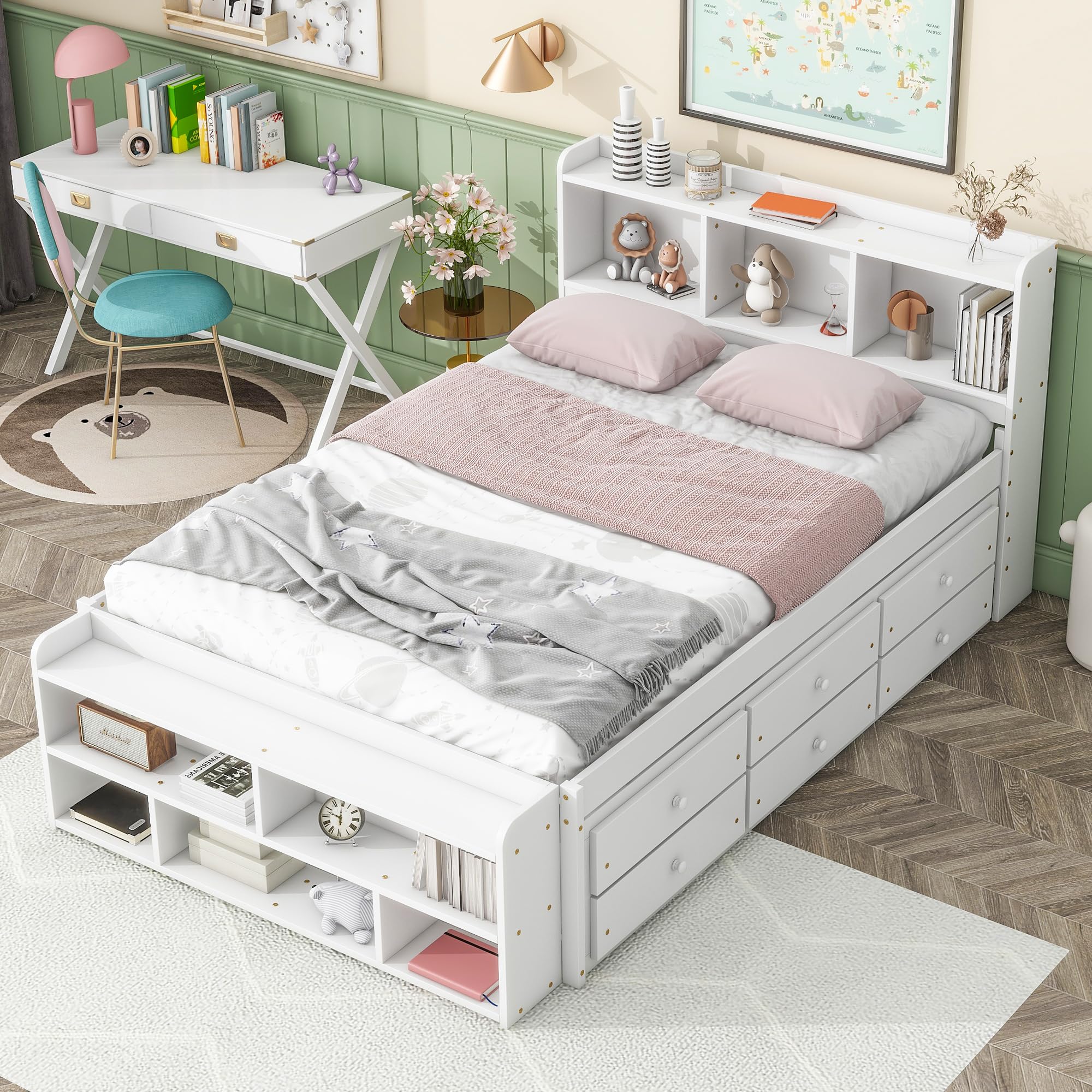 Amazon.com: EOVTK Full Size Storage Platform Bed with Bookcase ...
