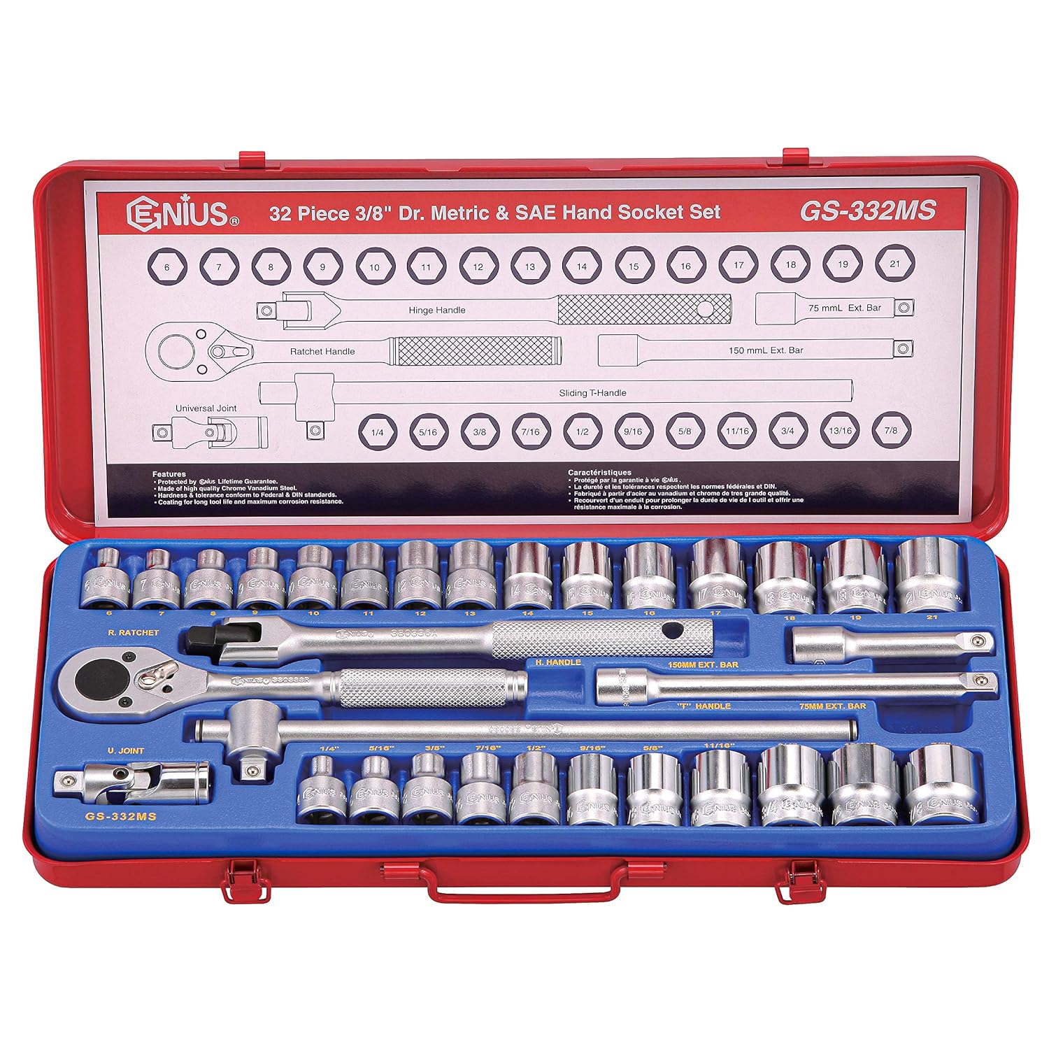 Genius Tools 32 Piece 3/8" Dr. Metric & SAE Hand Socket Set GS-332MS ...