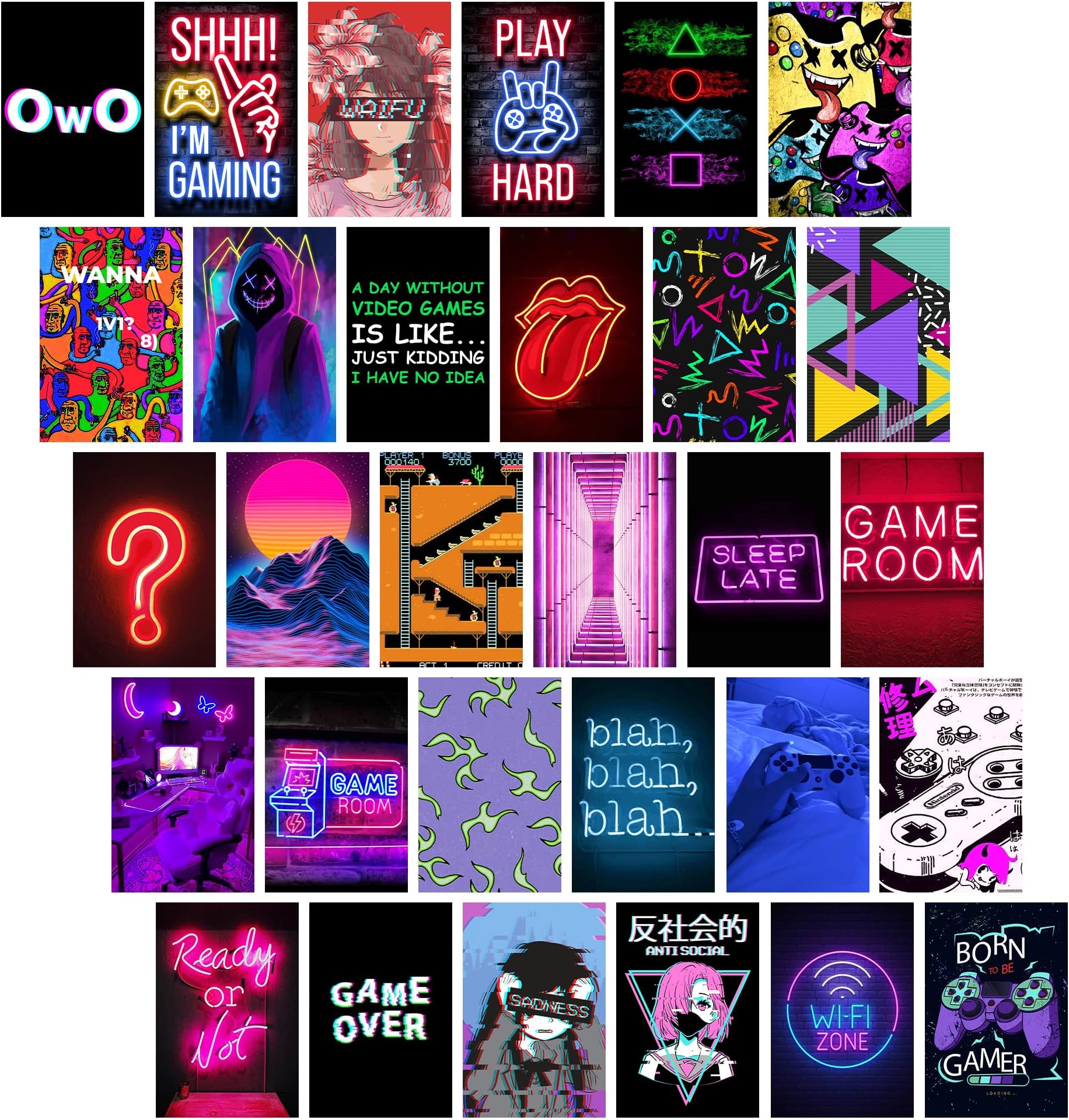 Thepaper9store Neon Gaming Collage Kit Gaming Posters Self Adhesive ...