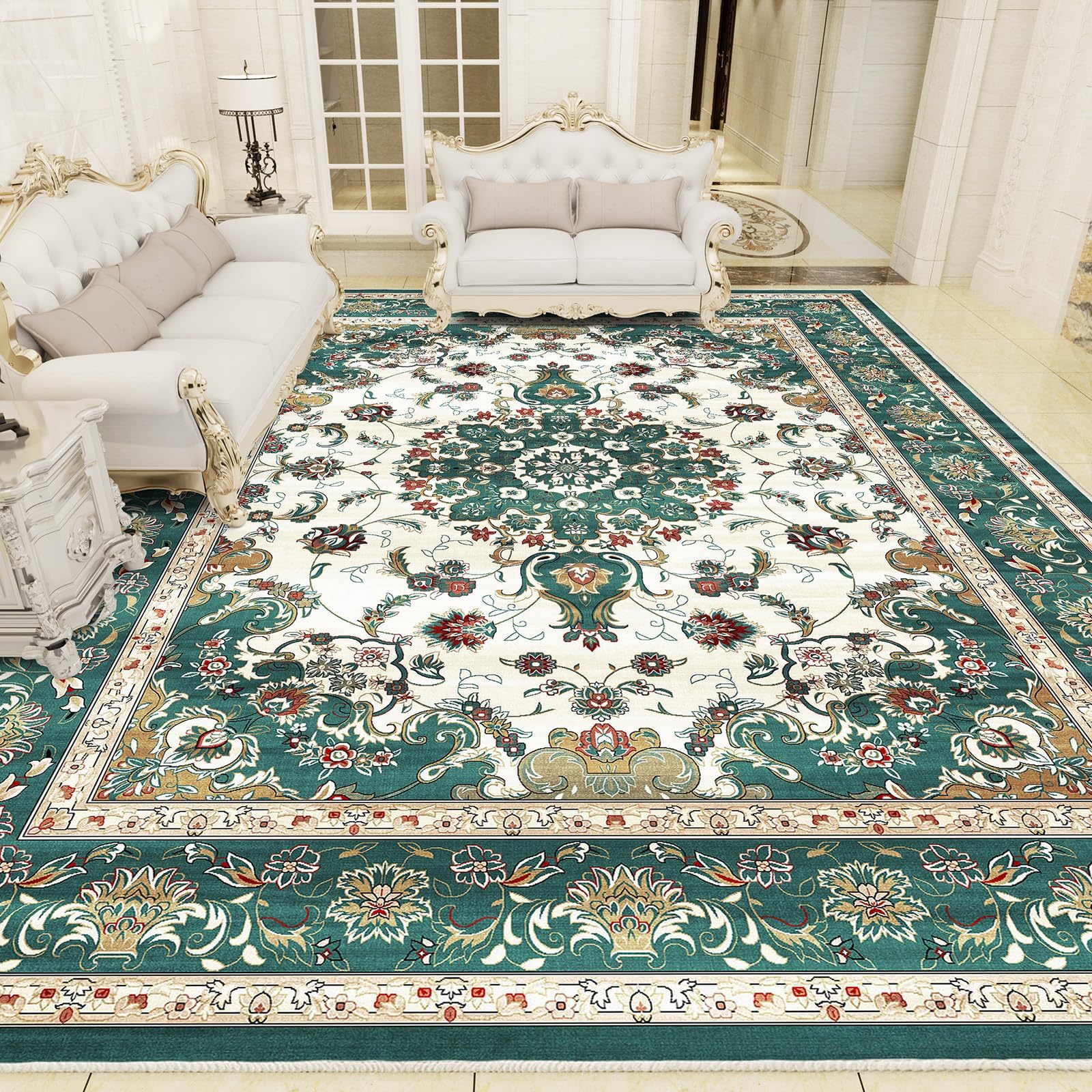 Small Classic Oriental Persian Style Floral Traditional Rug/Mat, Green ...
