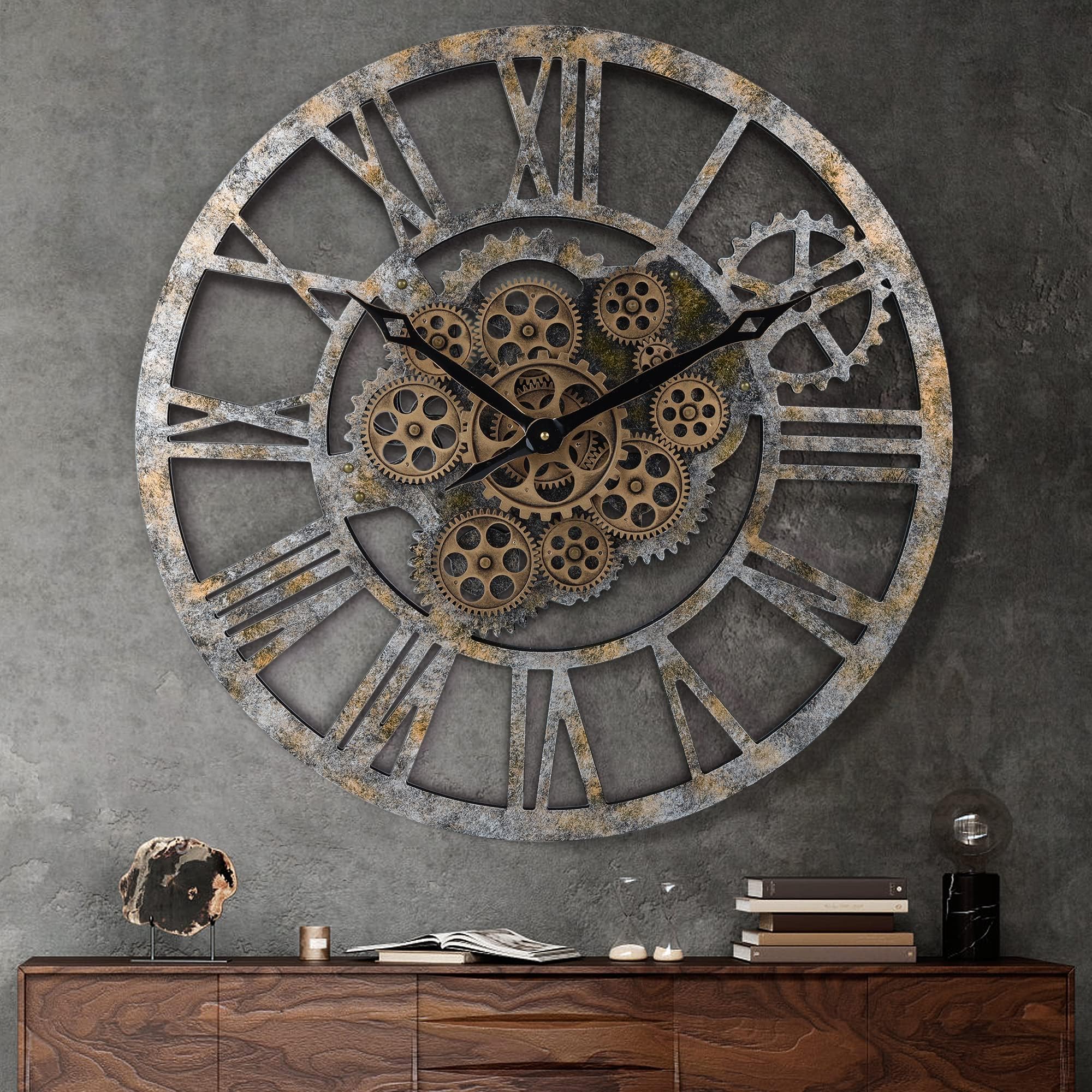 Lafocuse Horloge Murale Geante avec Engrenages Mobiles, Marron ...