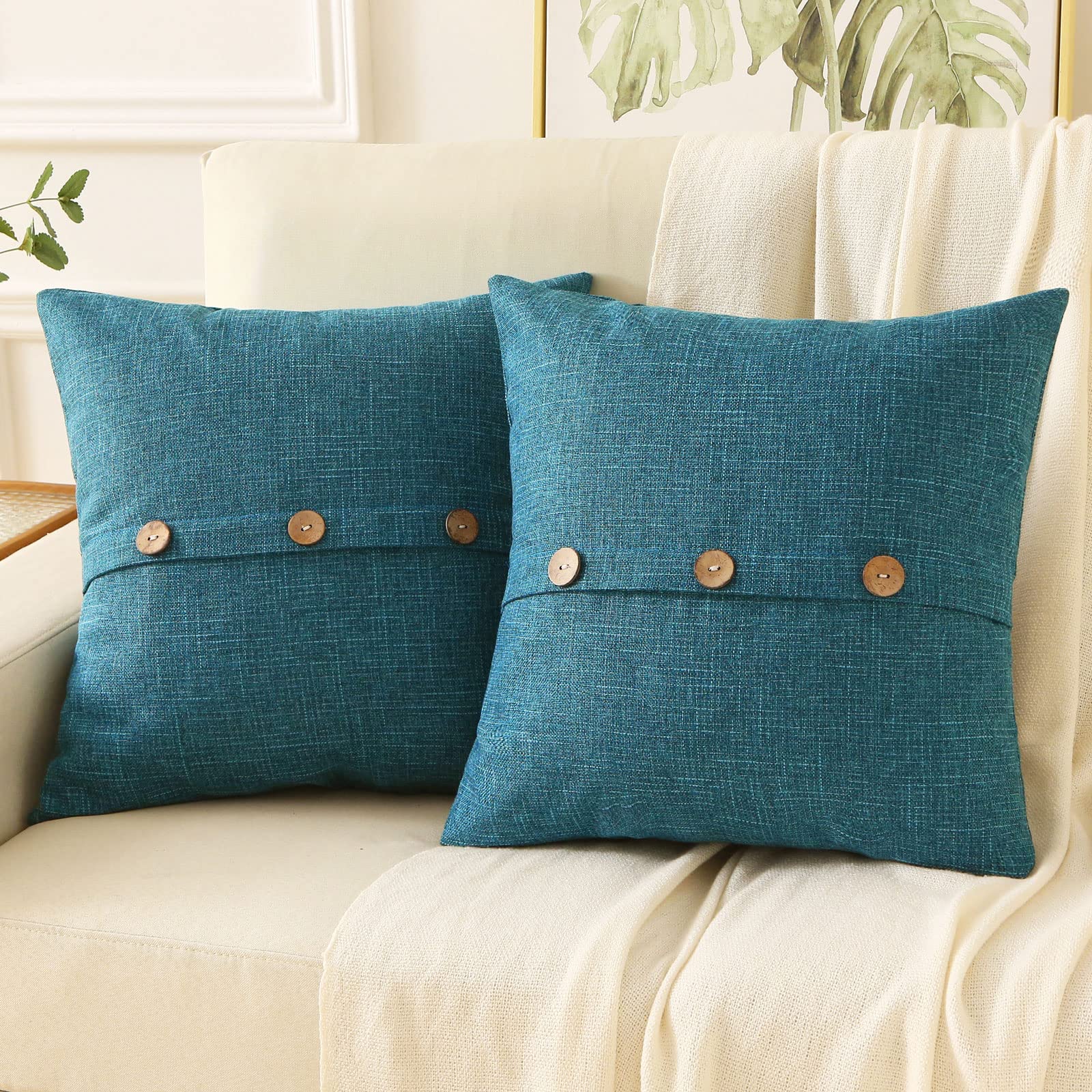 HAUSSY Teal Linen Decorative Throw Pillow Covers 26x26 Inch Set of 2 ...