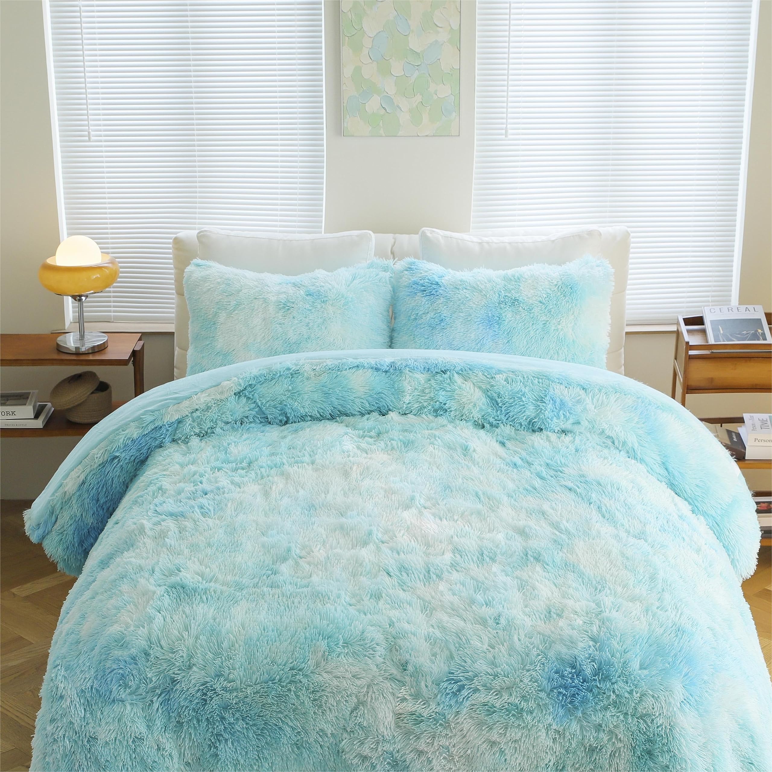 King Shaggy Furry Comforter Set Bed Bedding Set, Fluffy Faux Fur Plush ...