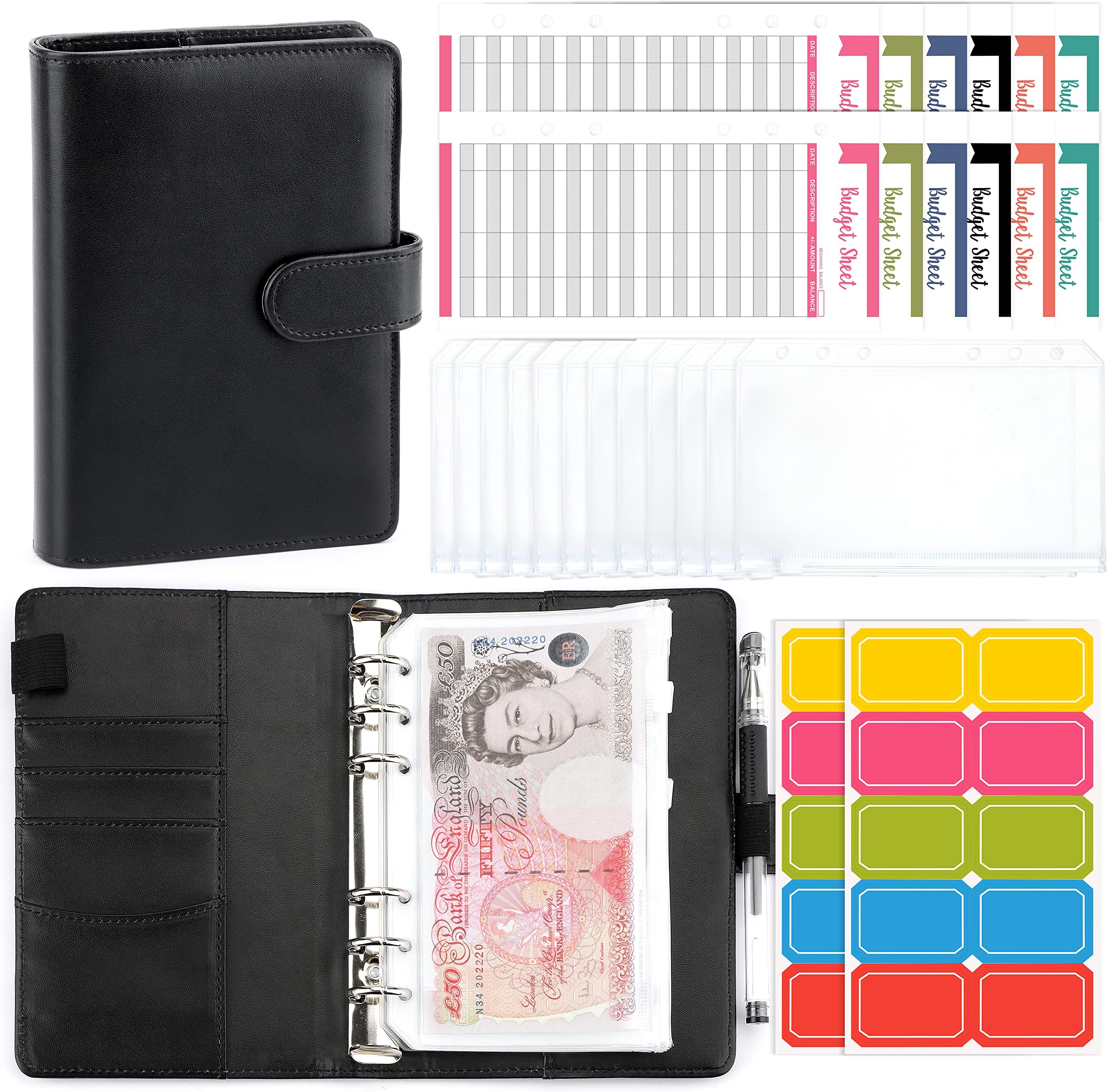 A6 Budget Binder Planner - Leather Ring Binder Notebook with 12 Clear ...