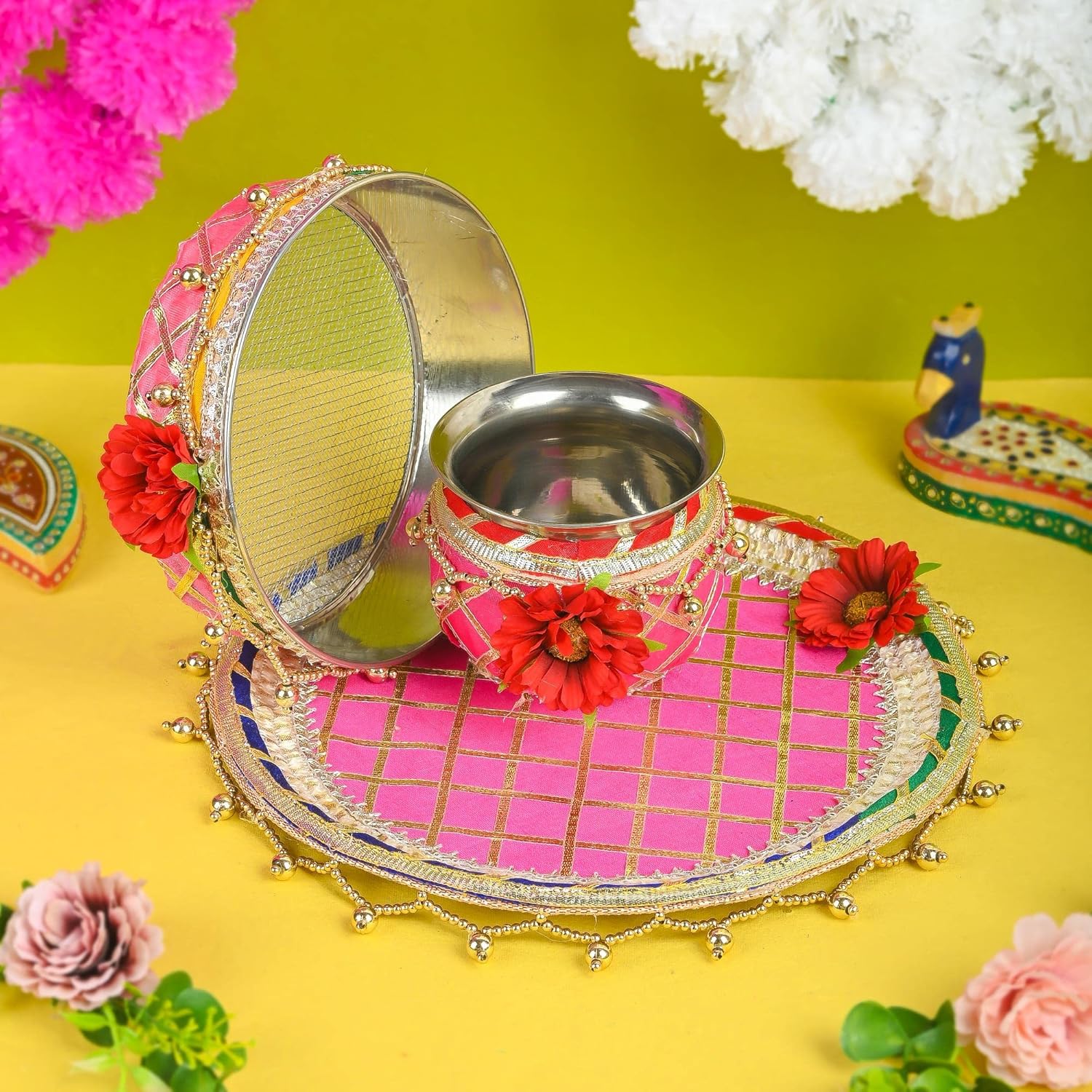Perpetual Fancy Karwachauth Puja Thali Set - Pack of 3 Designer Karwa ...