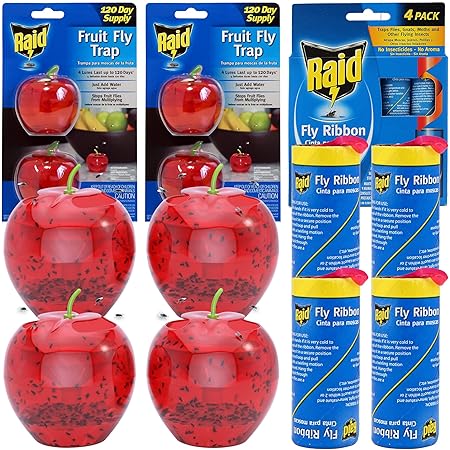 Amazon.com : Raid 4 Fruit Fly Trap & 4 Fly Ribbon Fly Strips Fly Traps ...