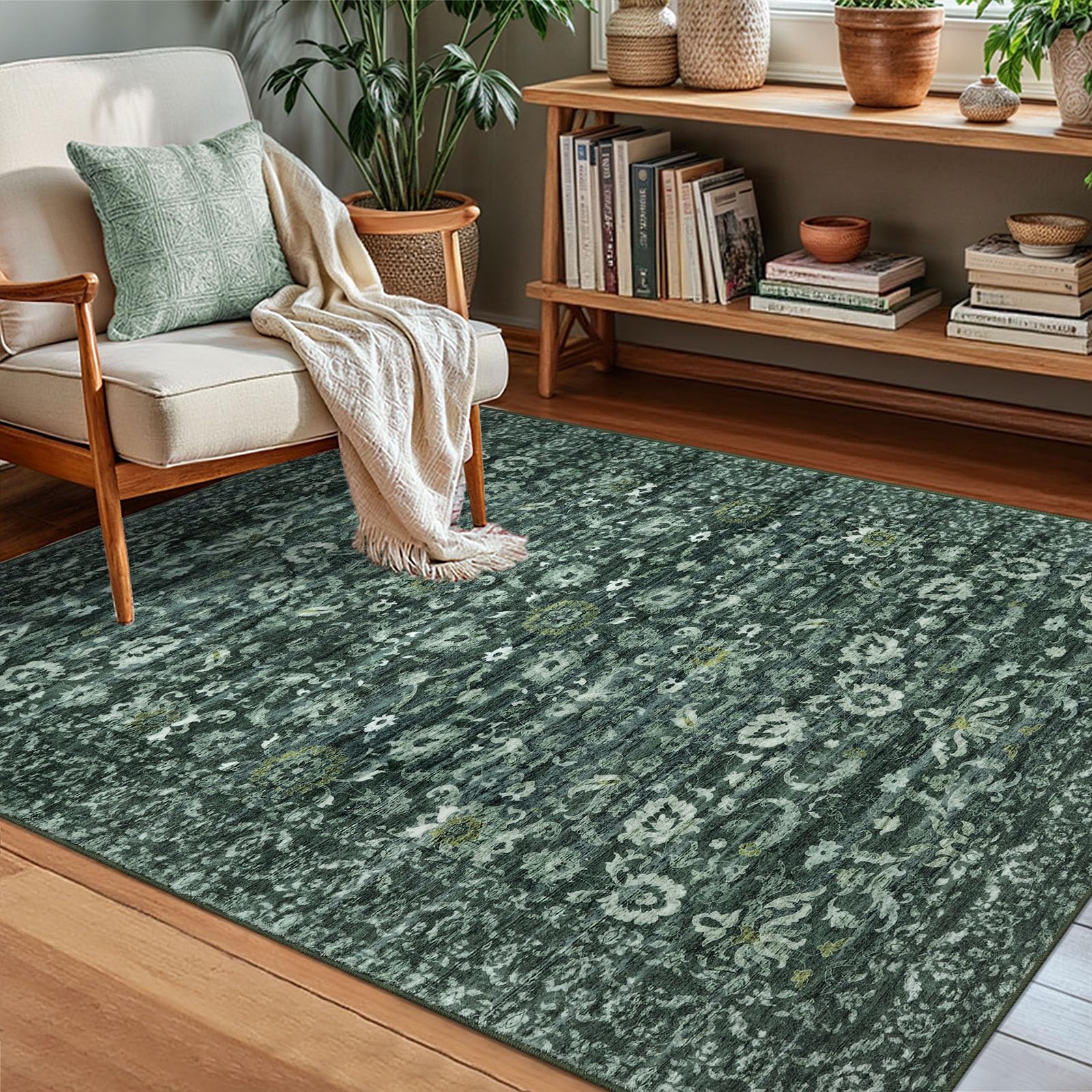 Amazon.com: Lansny Vintage Floral 3x5 Rug, Dark Green Entryway Rug ...