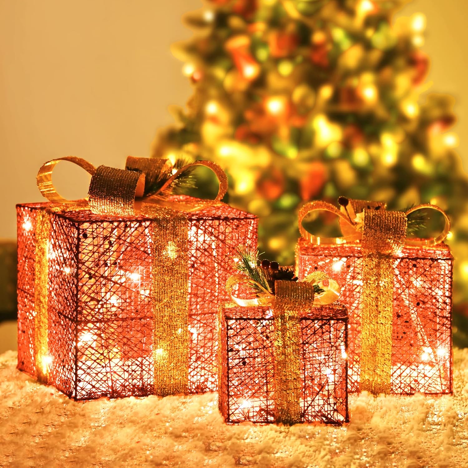 Soplex 3 Packs Light Up Boxes with Warm White LED Lights and Bows ...