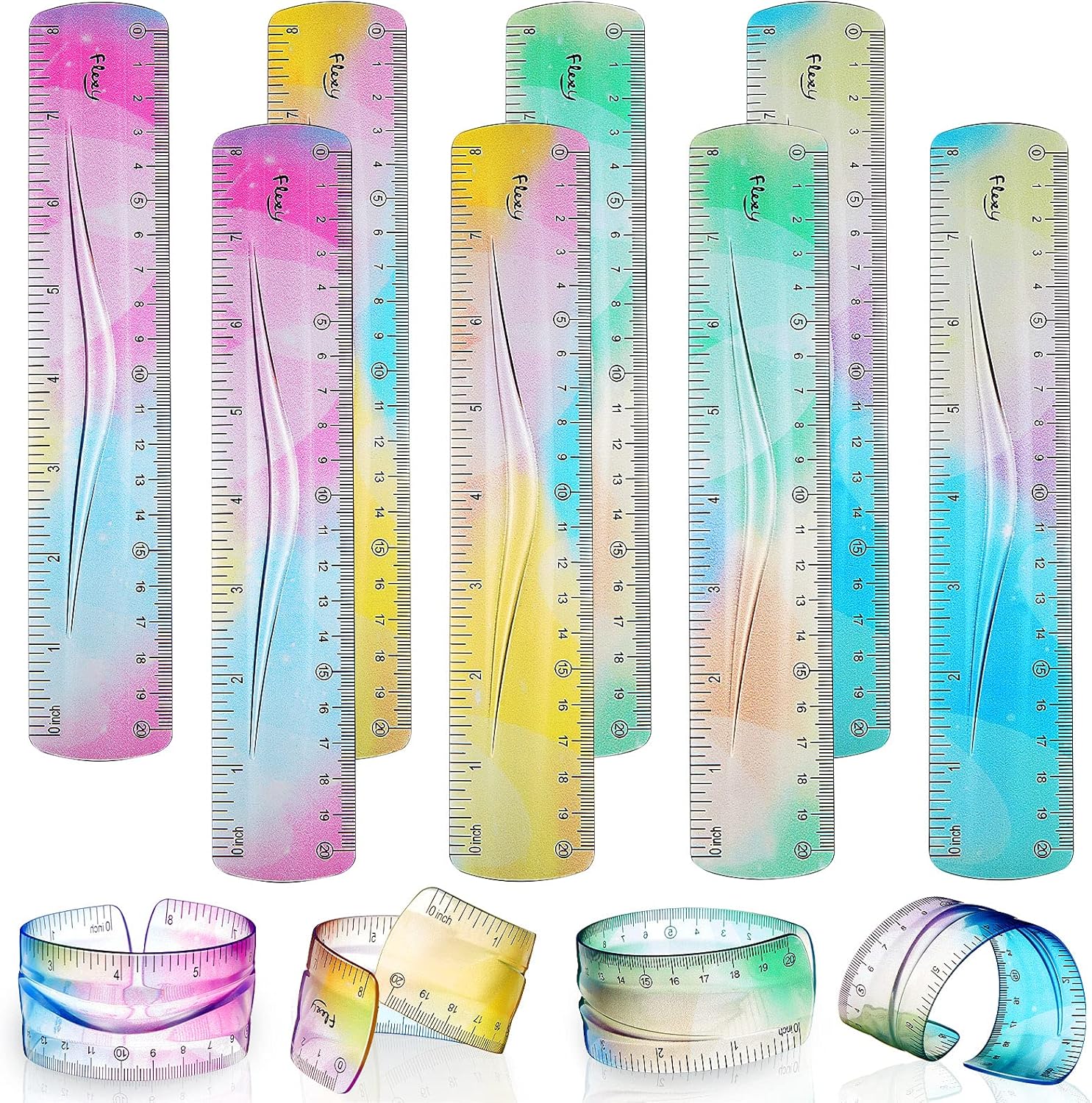 8 Pieces Soft Bendable Ruler Rainbow Flexible Ruler for Kids 8 Inch ...