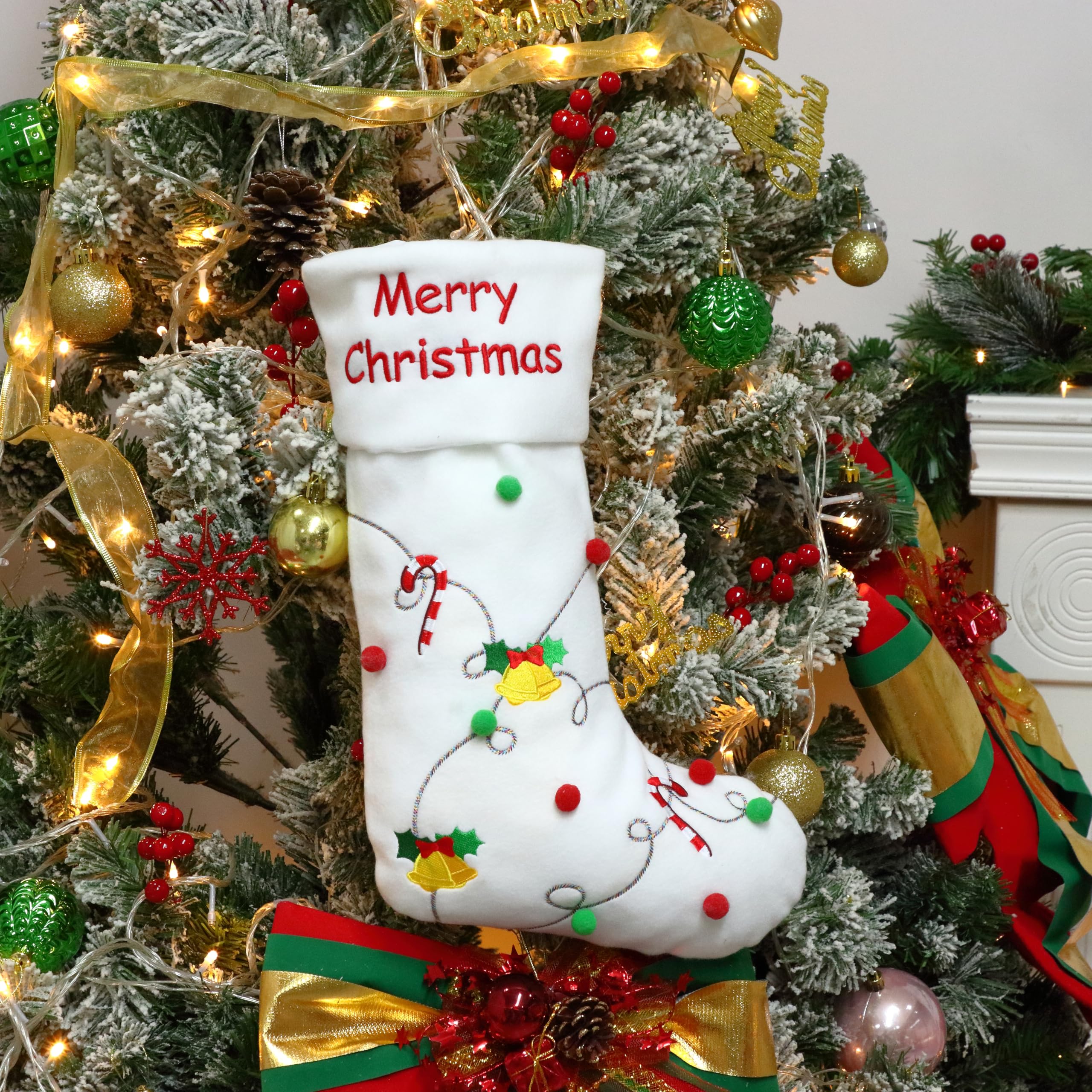 Amazon.com: Hopearl Pom Pom Christmas Stocking with Bells Boho Style ...
